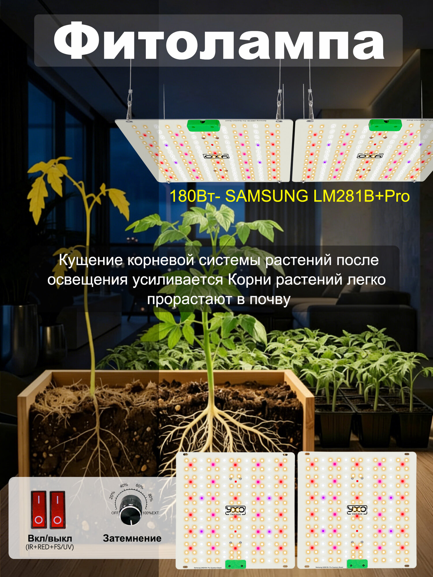 Quantum Board 180 Ватт / Samsung LM281B+Pro / фитолампа для растений /Регулируемая яркость