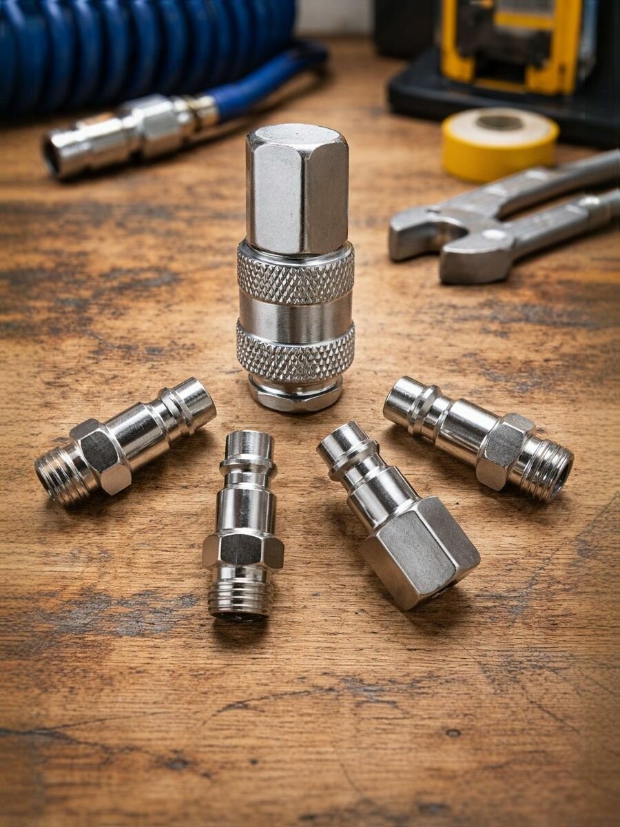 Быстросъёмные пневматические соединения (быстросъёмы) 1 муфта (мама) и 4 штуцера (папа 1/4 дюйма ),