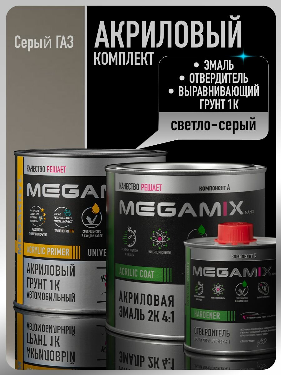Комплект Акриловая краска автомобильная 2К , Серый /Серый ГАЗ, 840мл + Отвердитель 2K 210 мл + Грунт акриловый 1К , светло-серый, 800 г