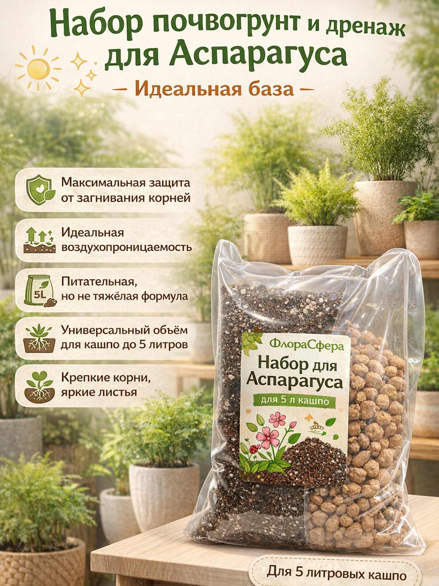 Набор почвогрунт и дренаж для Аспарагуса для 5л кашпо премиум грунт