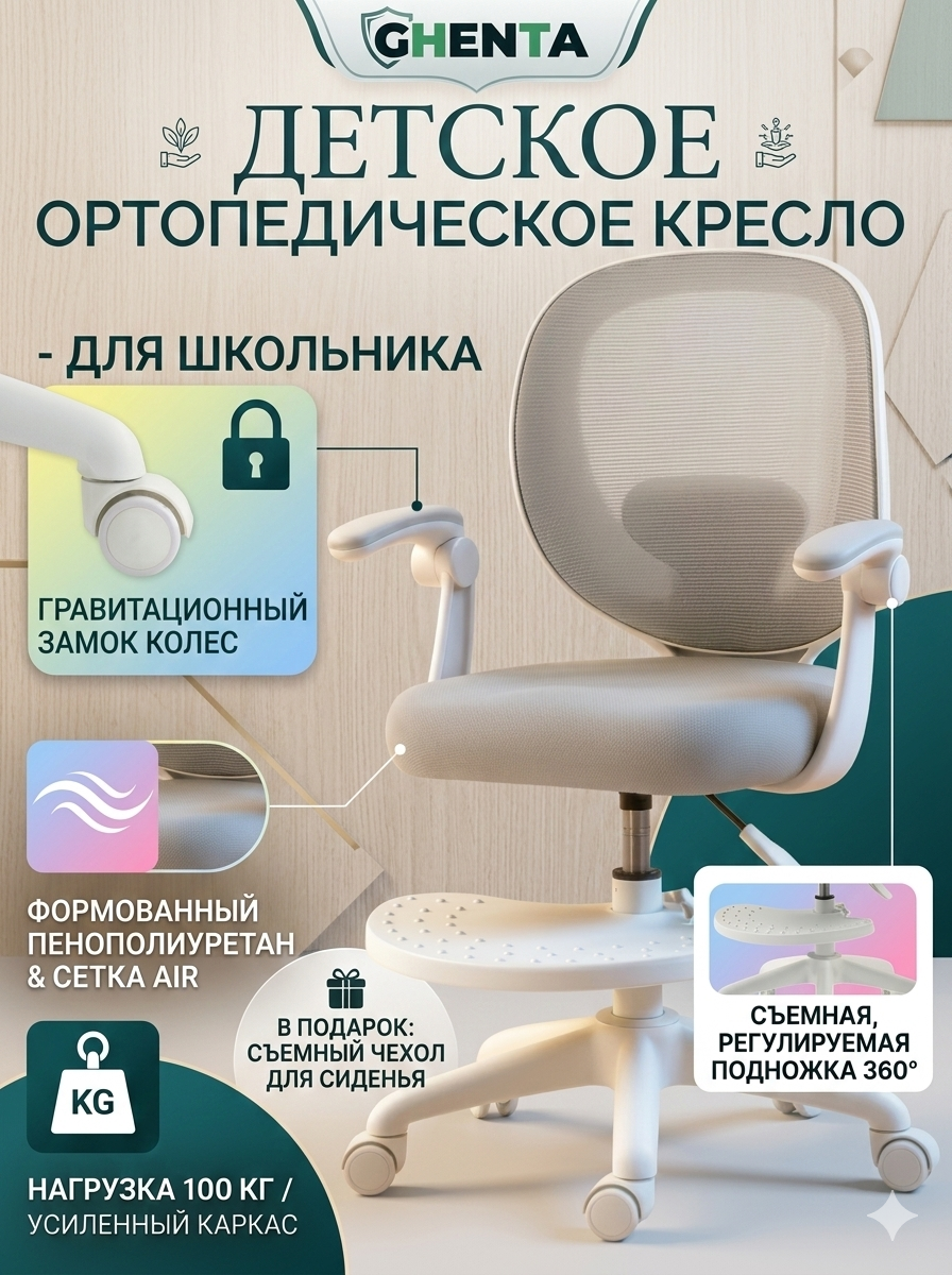 Детское кресло Ghenta, с подлокотниками, с подножкой, ортопедическое, ткань/сетка