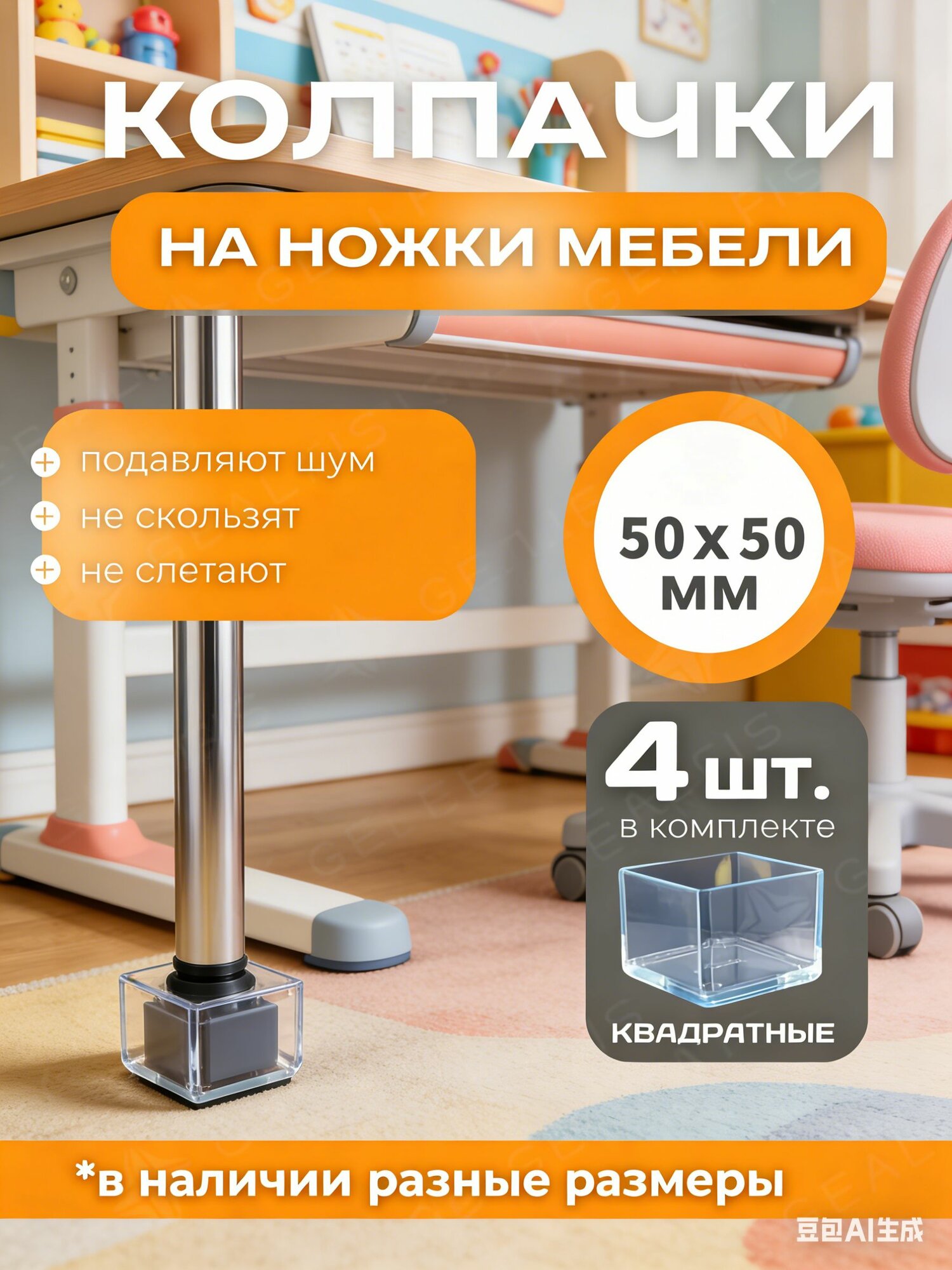 Набор силиконовых протекторов для мебели квадрат 50х50мм, 4шт. прозрачные/ Защитные колпачки на ножки стульев