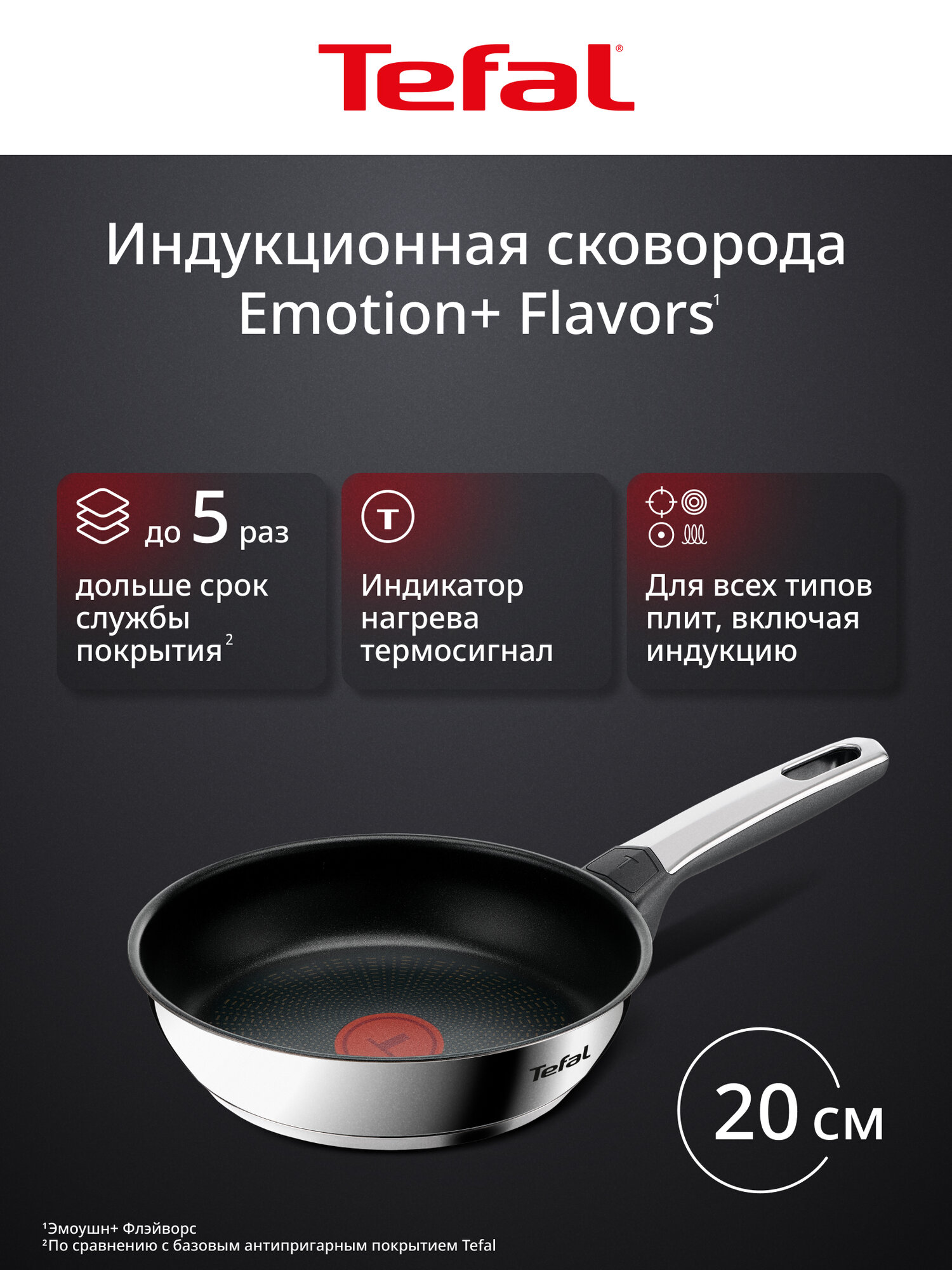 Сковорода Tefal Emotion+ E3270244 20 см, премиальная нержавеющая сталь, антипригарное покрытие Extra Life, индикатор нагрева Thermo-Signal