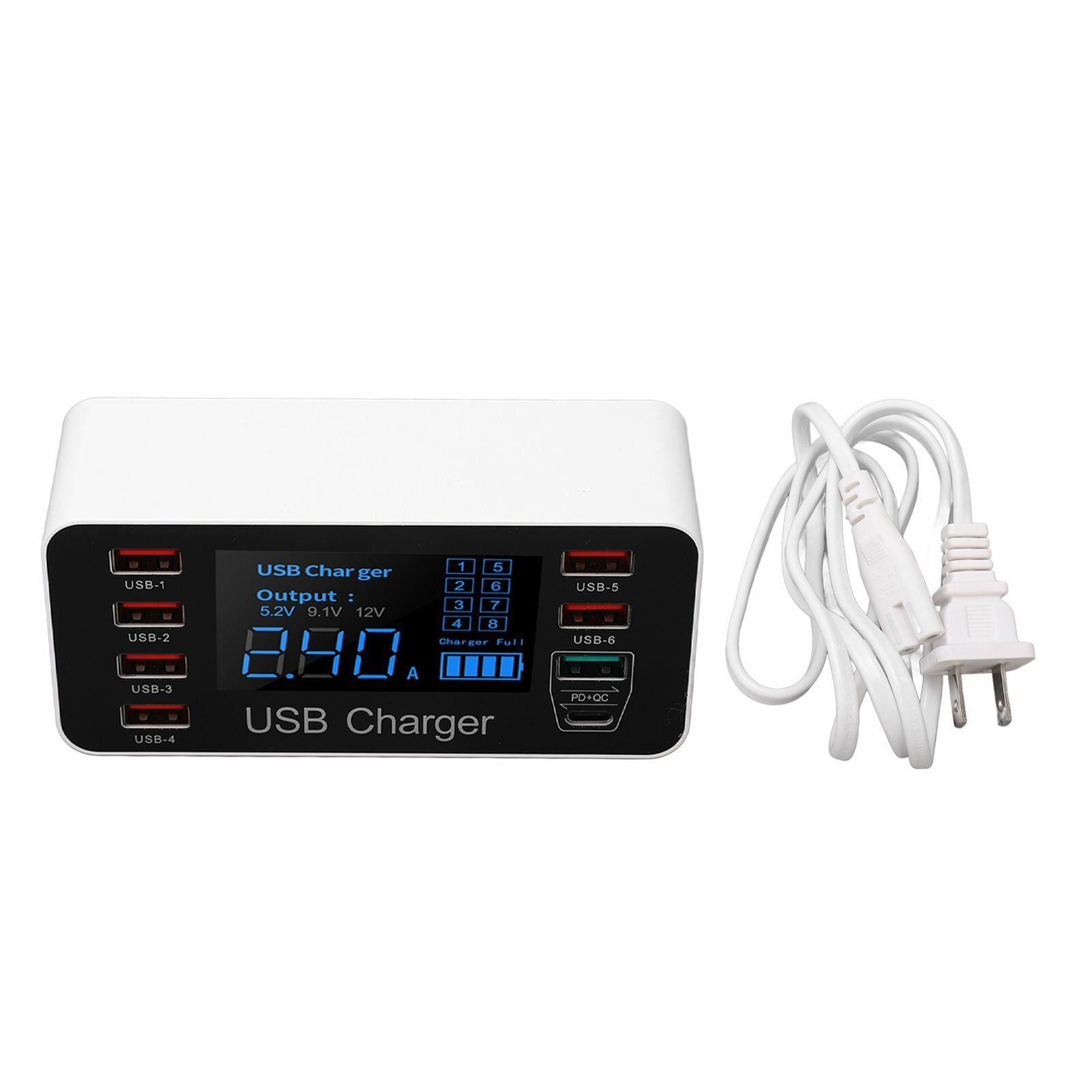 Зарядная станция USB, 40 Вт, 8 портов, 6 портов USB, 1xQC3.0, 1xPD, интеллектуальный светодиодный дисплей, зарядное устройство USB, 100 240 В, вилка стандарта США