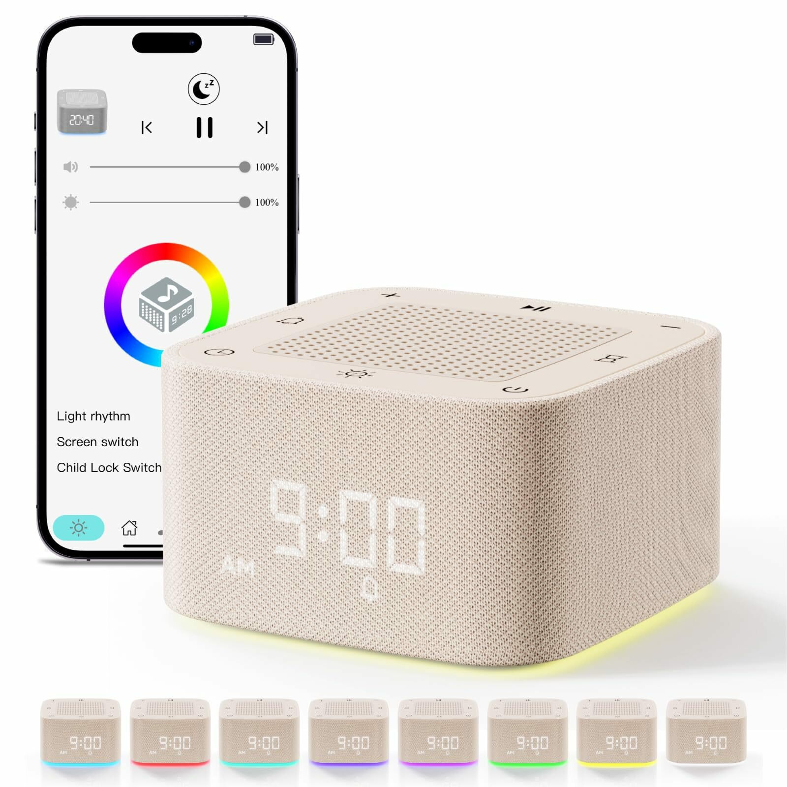 Портативная Bluetooth колонка с генератором белого шума для сна, аккумуляторный аудиоплеер, компактный дизайн 8х8 см, управление приложением, универсальное применение