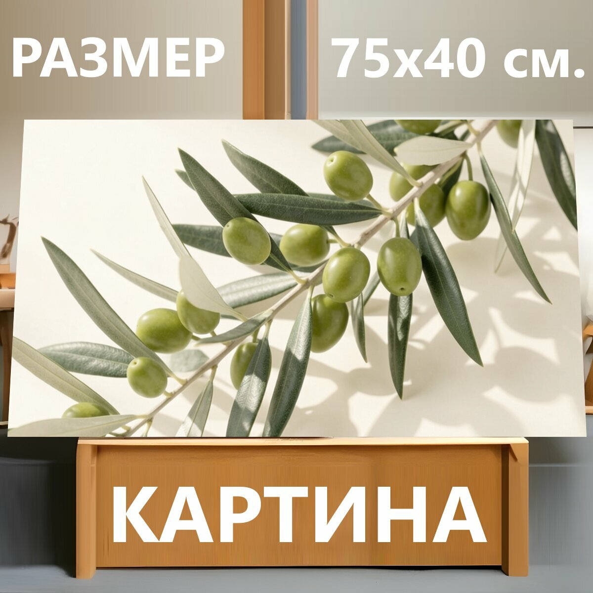 Картина на холсте "Ветвь оливы с плодами. Нежная ботаническая композиция с зелёными маслинами и серебристо-зелёной листвой на светлом фоне." на подрамнике 75х40 см. для интерьера