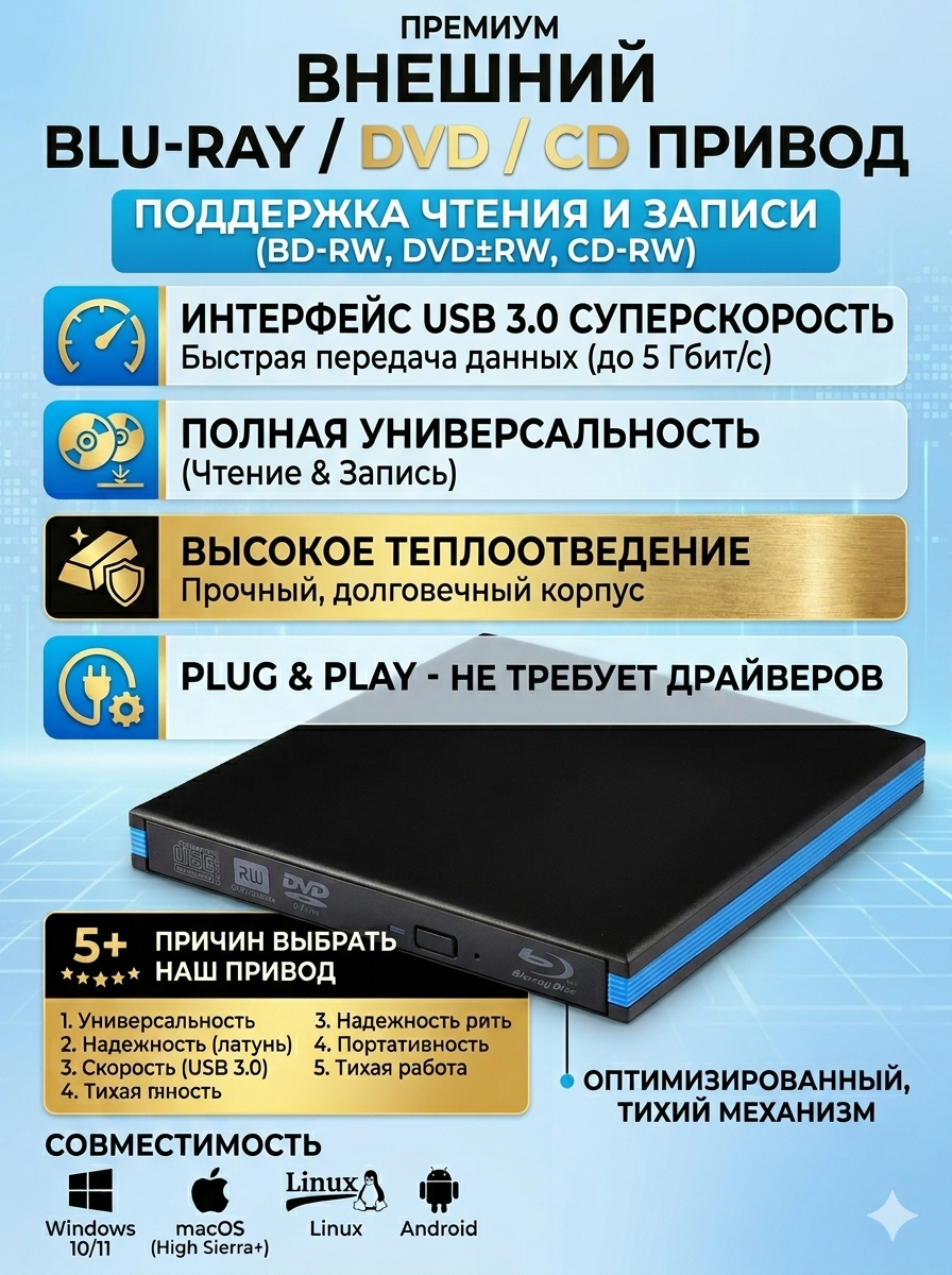 Внешний Blu-Ray-RW, DVD R/RW привод с интерфейсом USB 3.0, Blu-ray привод USB 3.0 с высокоскоростным механизмом