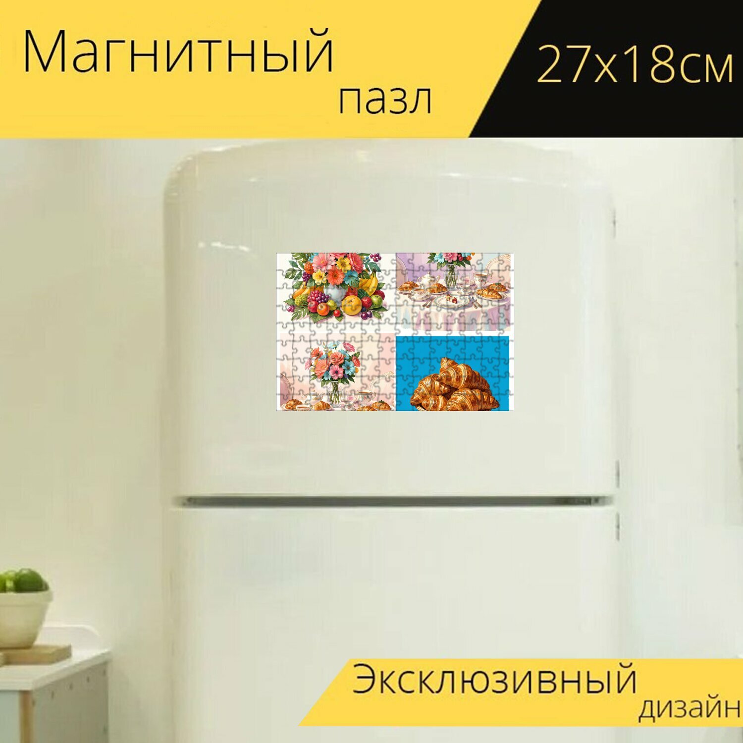 Магнитный пазл "Цветы, фрукты и круассаны. Яркие натюрморты в нежной пастельной гамме: букеты в вазах, сочные плоды, чайная сервировка и золотистая." на холодильник 27 x 18 см.