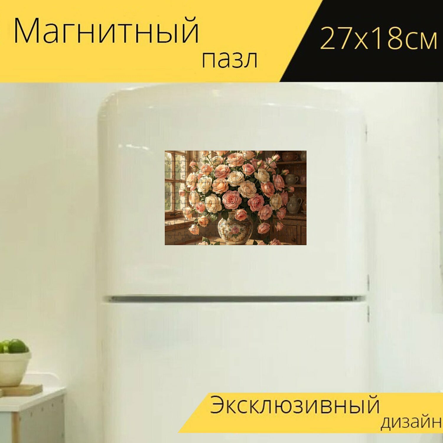 Магнитный пазл "Пышные розы в керамической вазе. Нежная цветочная композиция у окна в уютном деревенском интерьере, выполненная в теплых пастельных." на холодильник 27 x 18 см.