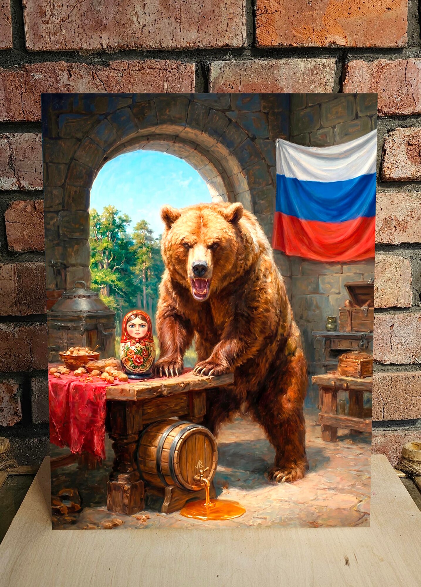 Патриотичная картина на холсте 30х40 см (UV печать). Медведь и матрешка. Подарок для настоящего мужчины