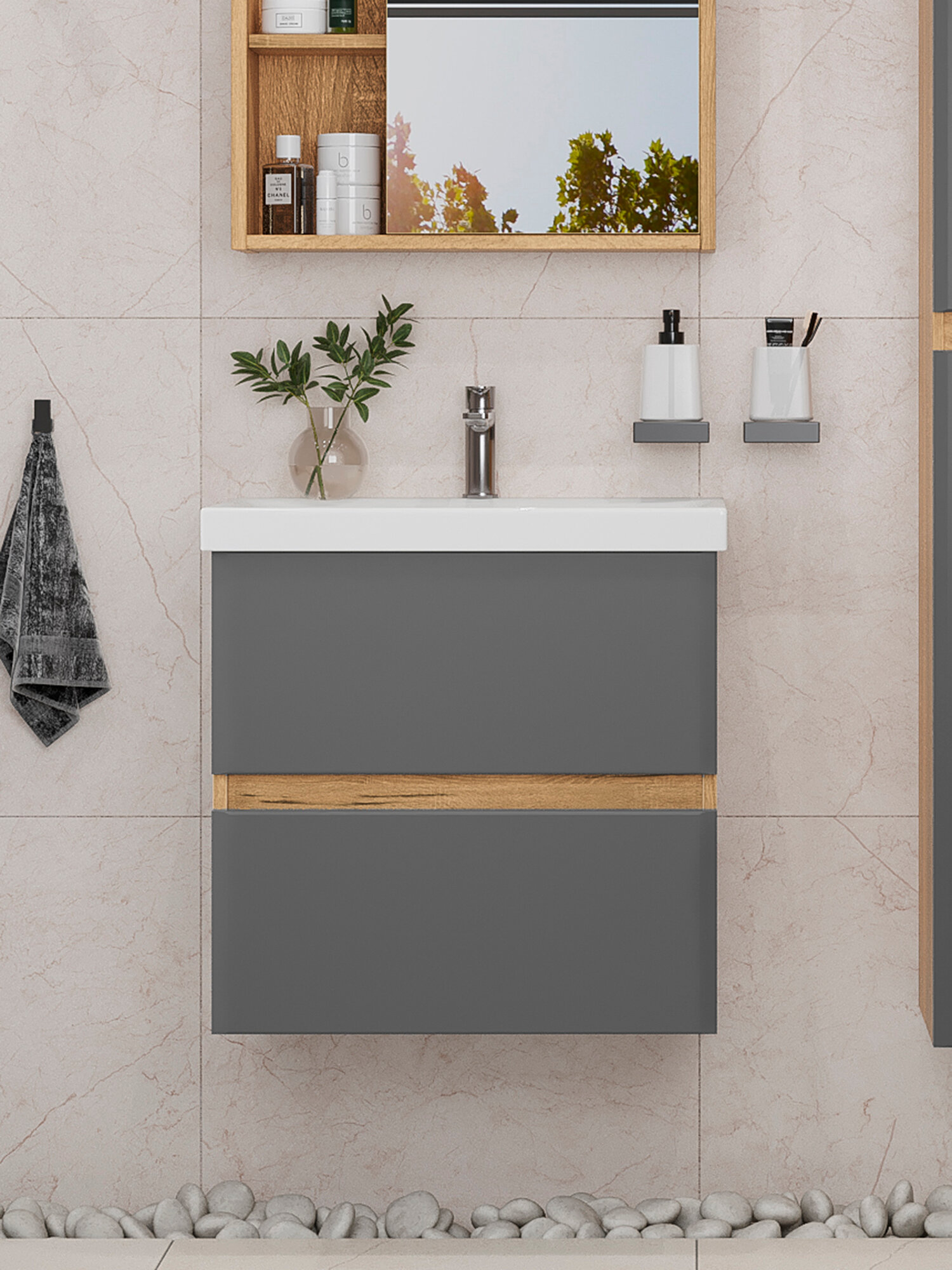 Тумба подвесная SanStar Graffa 50 с раковиной Moduo 50 (комплект) для ванной комнаты Дуб вотан, графит софт