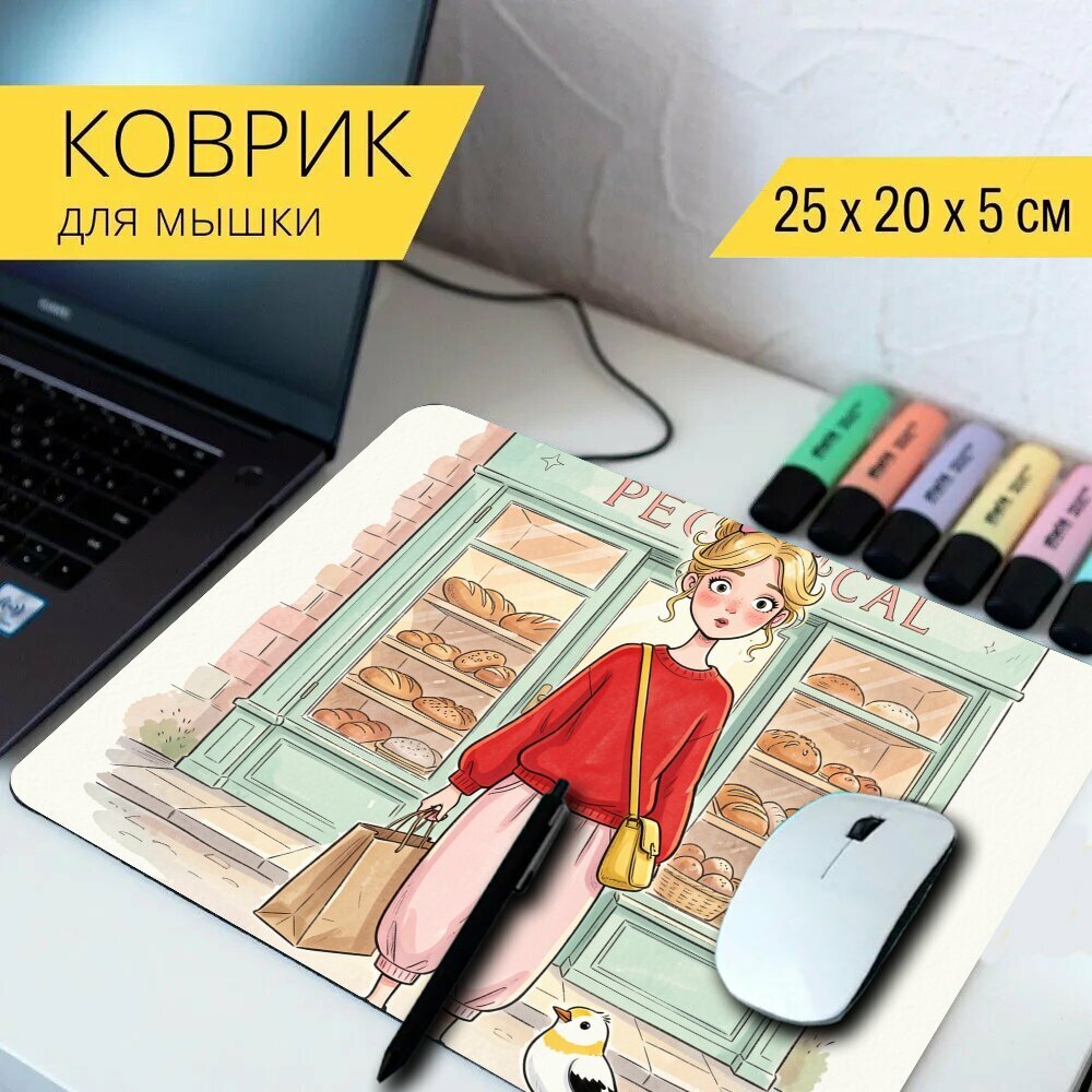 Коврик для мыши с принтом "Девушка у пекарни с птицей. Милая иллюстрация в пастельных тонах: юная блондинка с покупками стоит перед витриной хлебной лавки, рядом маленькая." 25x20см.