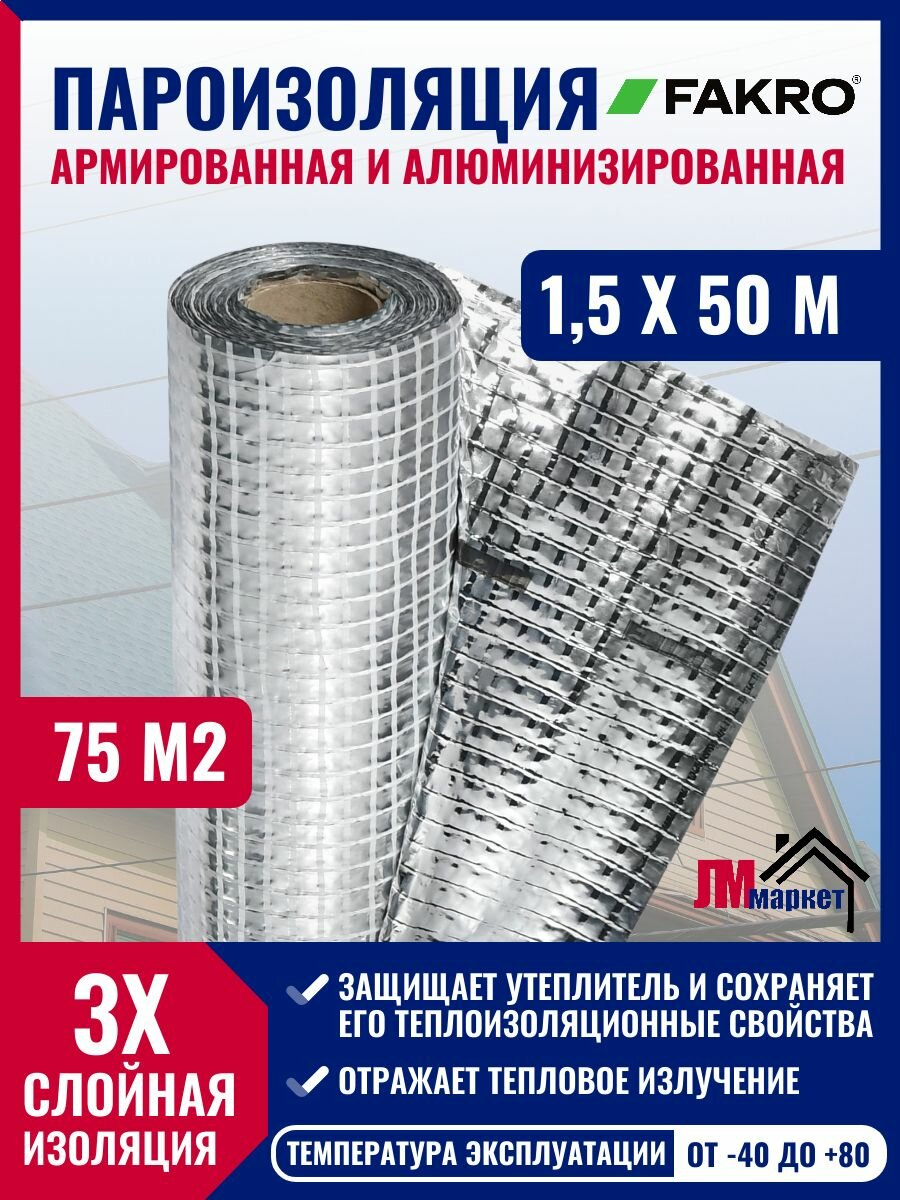 Пароизоляция фольгированная, Termofol 90 AL, Fakro, 75 м2, отражающая изоляция с фольгой для кровли и для стен, армированная