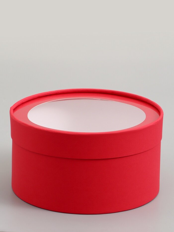 Подарочная коробка круглая, красная, завальцованная с окном, 21×11 см