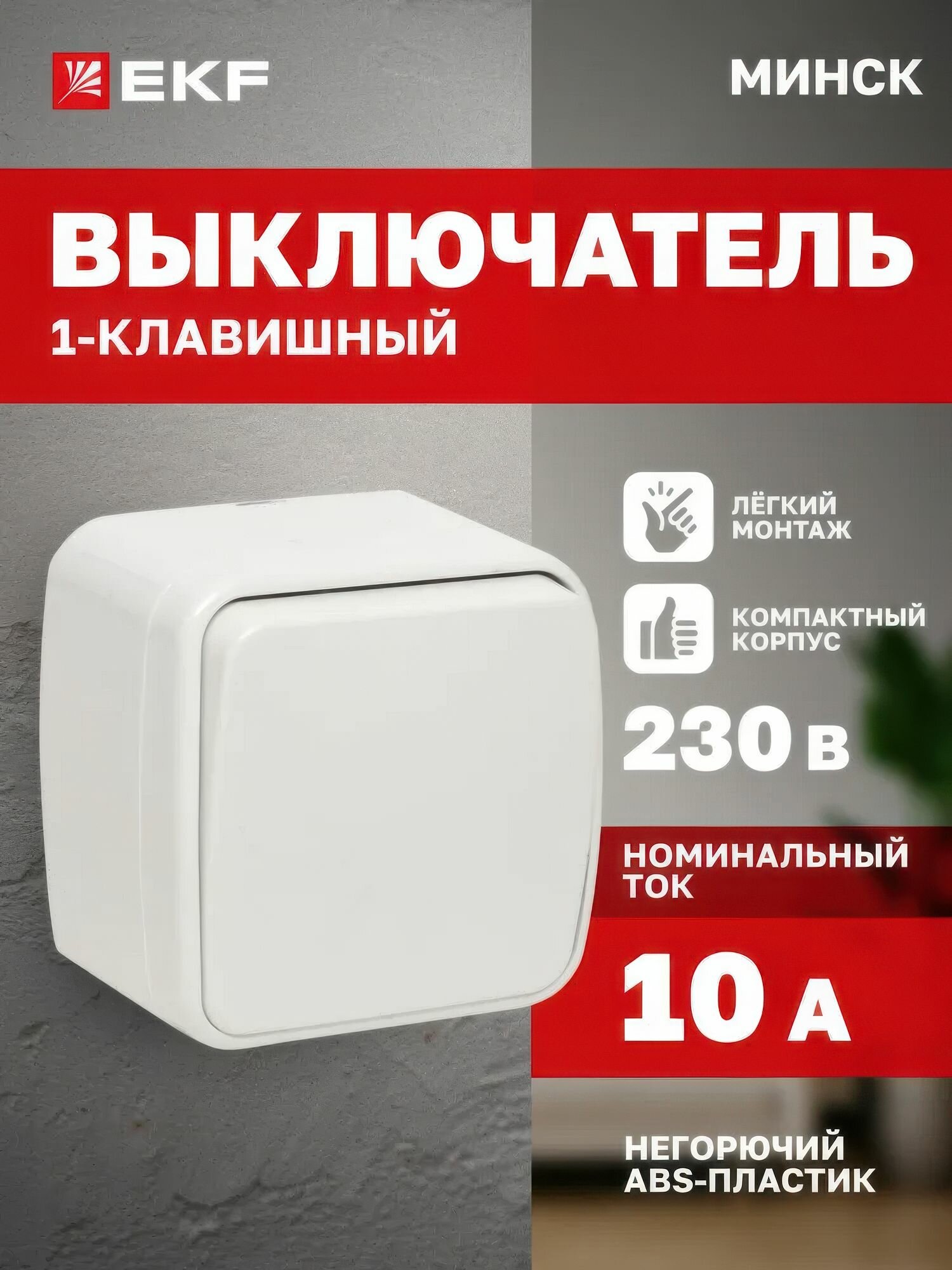 Выключатель одноклавишный EKF Минск, 10А белый EKF Basic