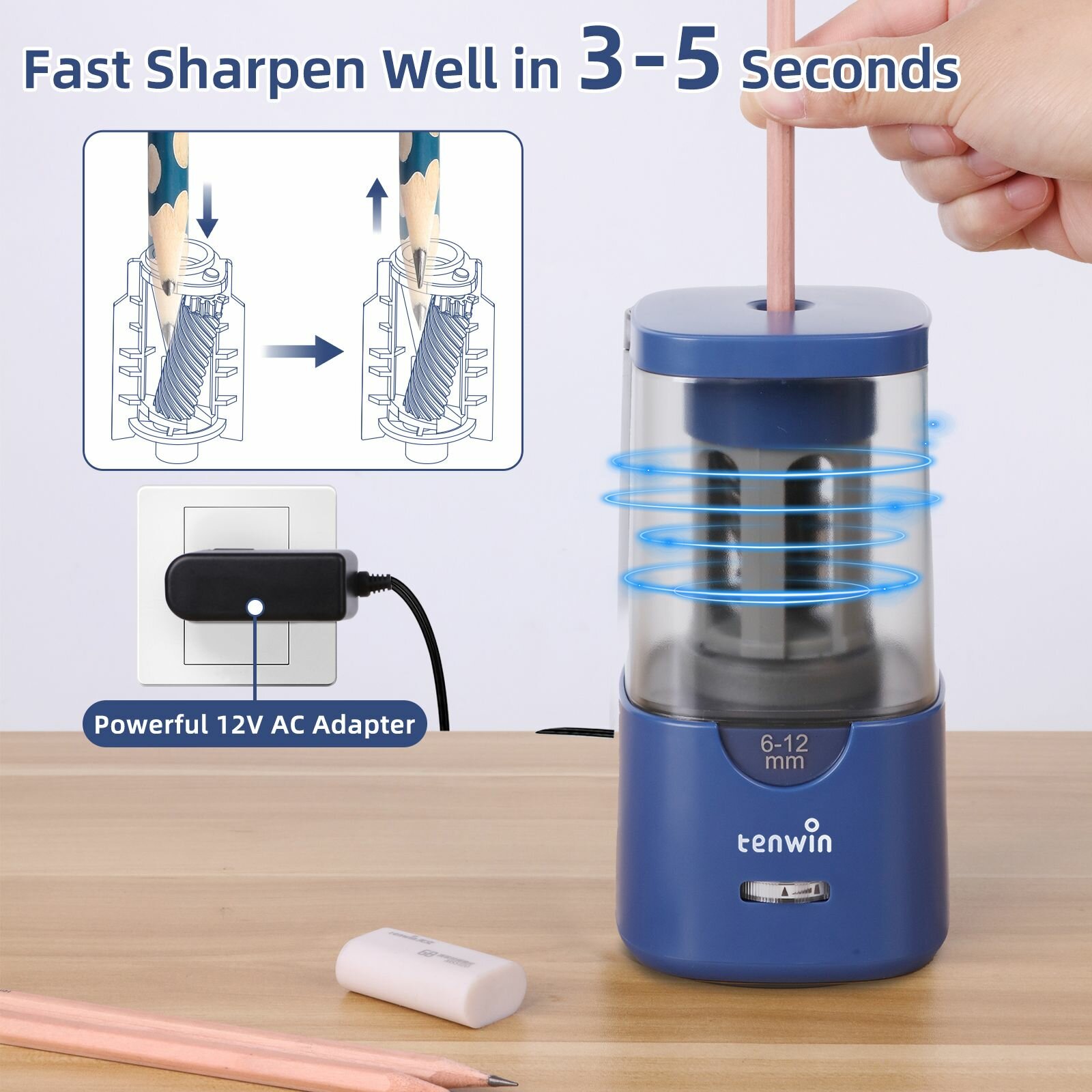 Автоматическая электрическая точилка tenwin с 3-конечными лезвиями, автоматической остановкой и быстрой заточкой, регулируемой остротой для карандашей 6-12 мм для студентов, художников, дома, школы,