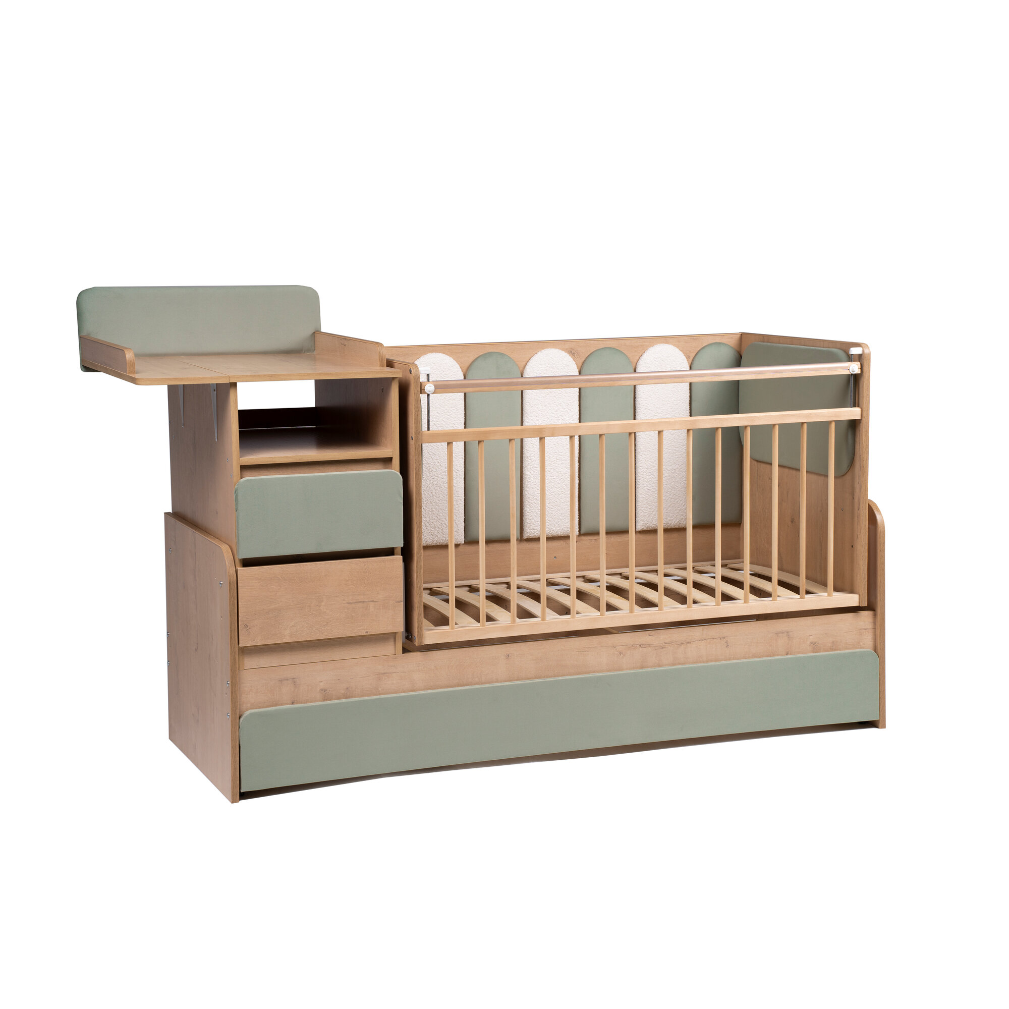 Кровать-трансформер детская "Дивания", корпус дуб, велюр олива, букле белое