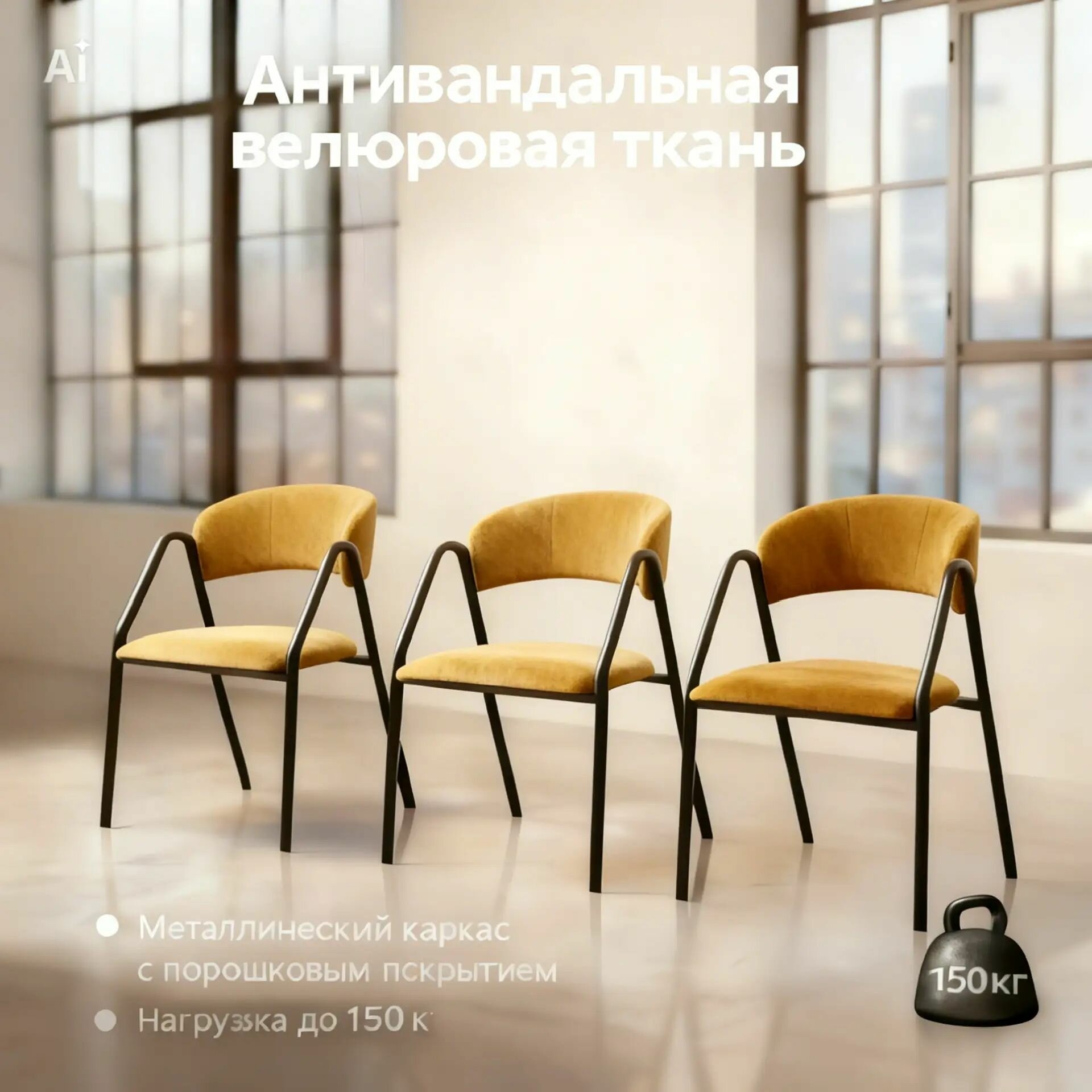 Комплект стульев "Лайт", без подлокотников, велюровая обивка, горчичный цвет, 3 шт — фото 1