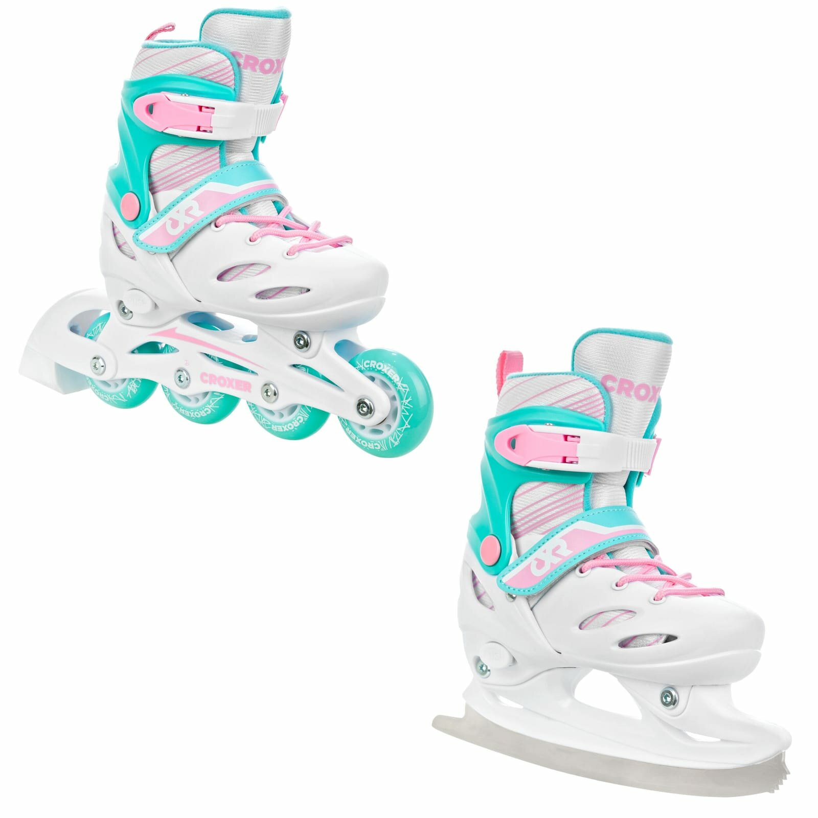 DECATHLON ролики коньки фигурные 2в1 регулируемые Croxer Calice, белый/розовый/зеленый, размер 30/33, длина стельки 18,5-21 см, диаметр колес 64 мм