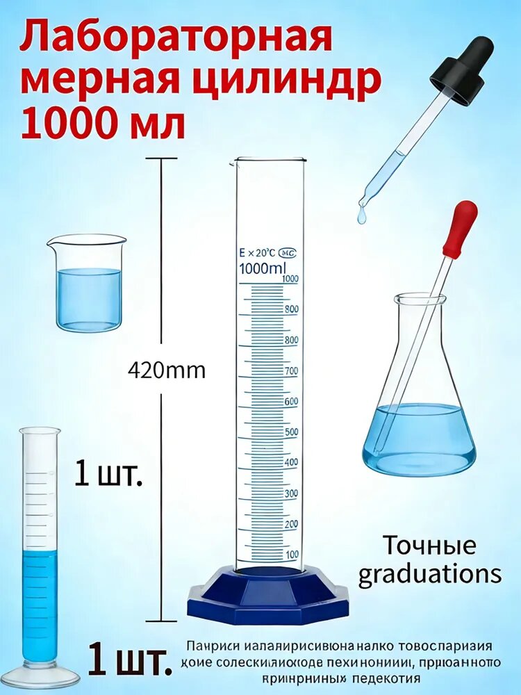 Емкость мерная лабораторная стеклянная, 1000 мл, 1 шт, боросиликатное стекло, высота 420 мм