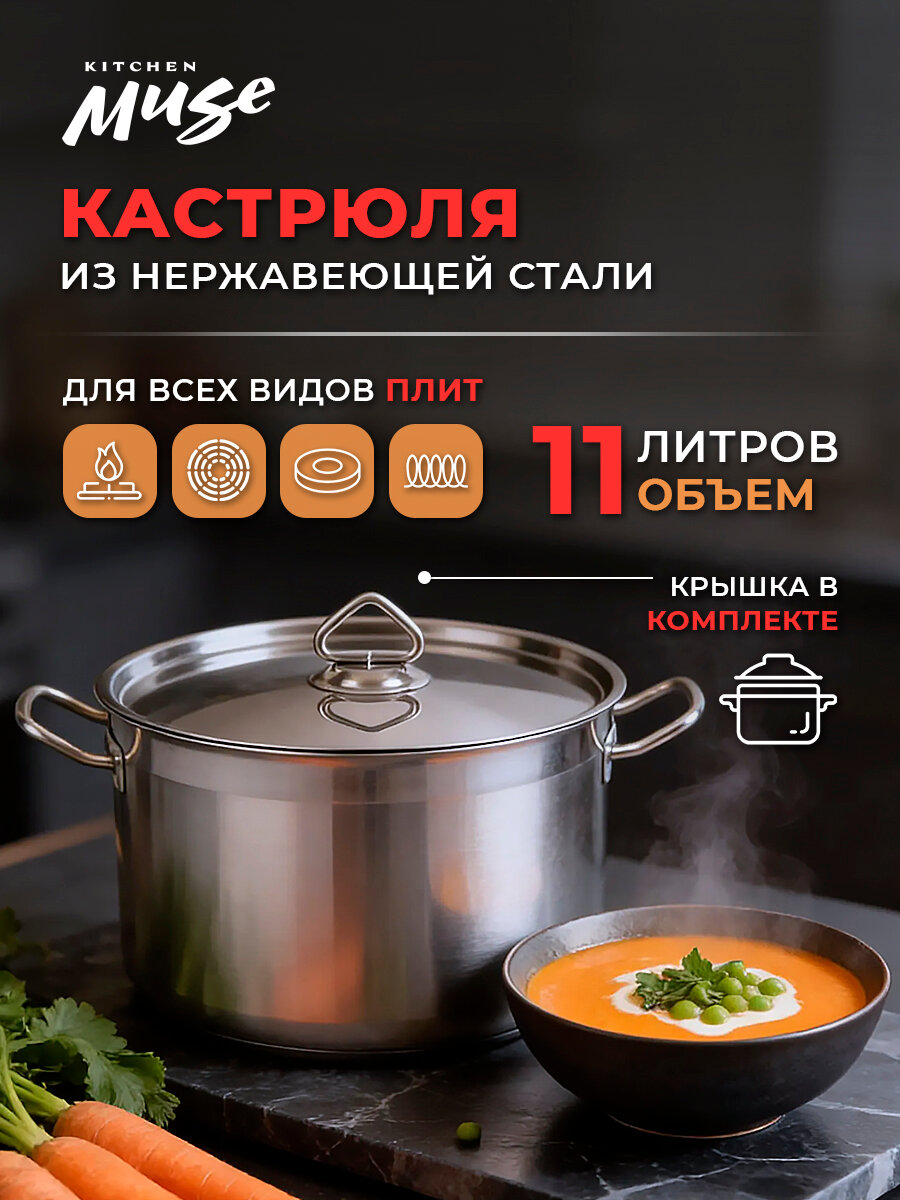 Кастрюля нержавеющая сталь с тройным дном Kitchen Muse SD12818, 11 л / Кастрюля с крышкой для всех видов плит / Кастрюля с капсульным, термораспределительным дном / Посуда для индукции
