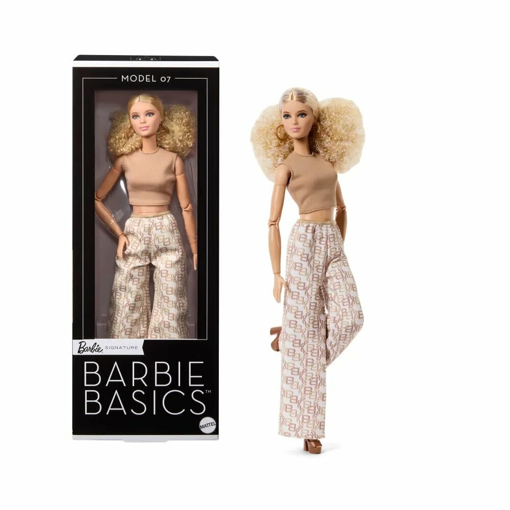 Коллекционная кукла Barbie Basics, модель 07, блондинка в белых брюках с золотым принтом