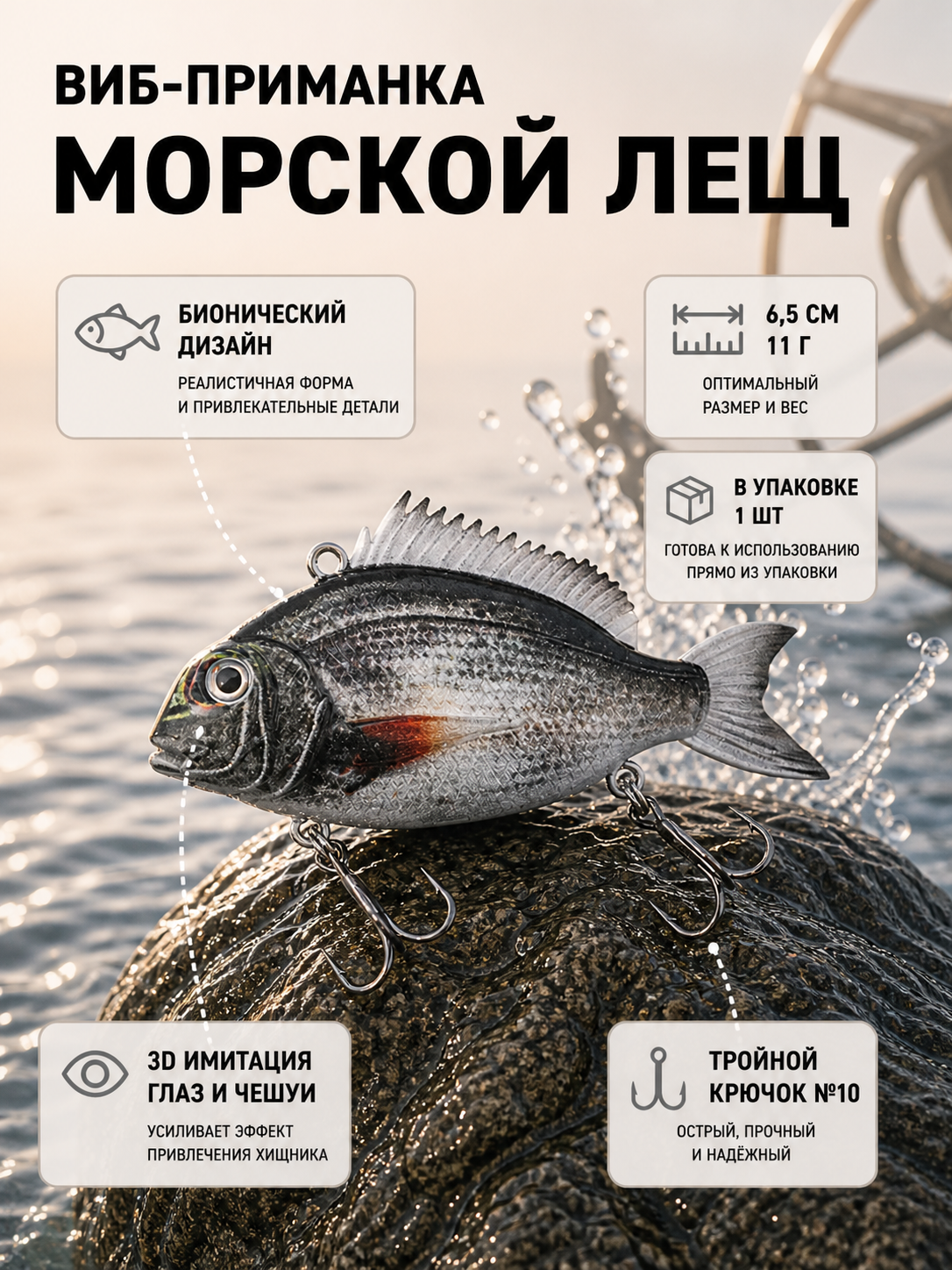 Рыболовная 3D вибрационная виб-приманка (VIB), имитация морского леща, тонущая для дальнего заброса, с тройным крючком 6,5 см/11 г, черно-белая
