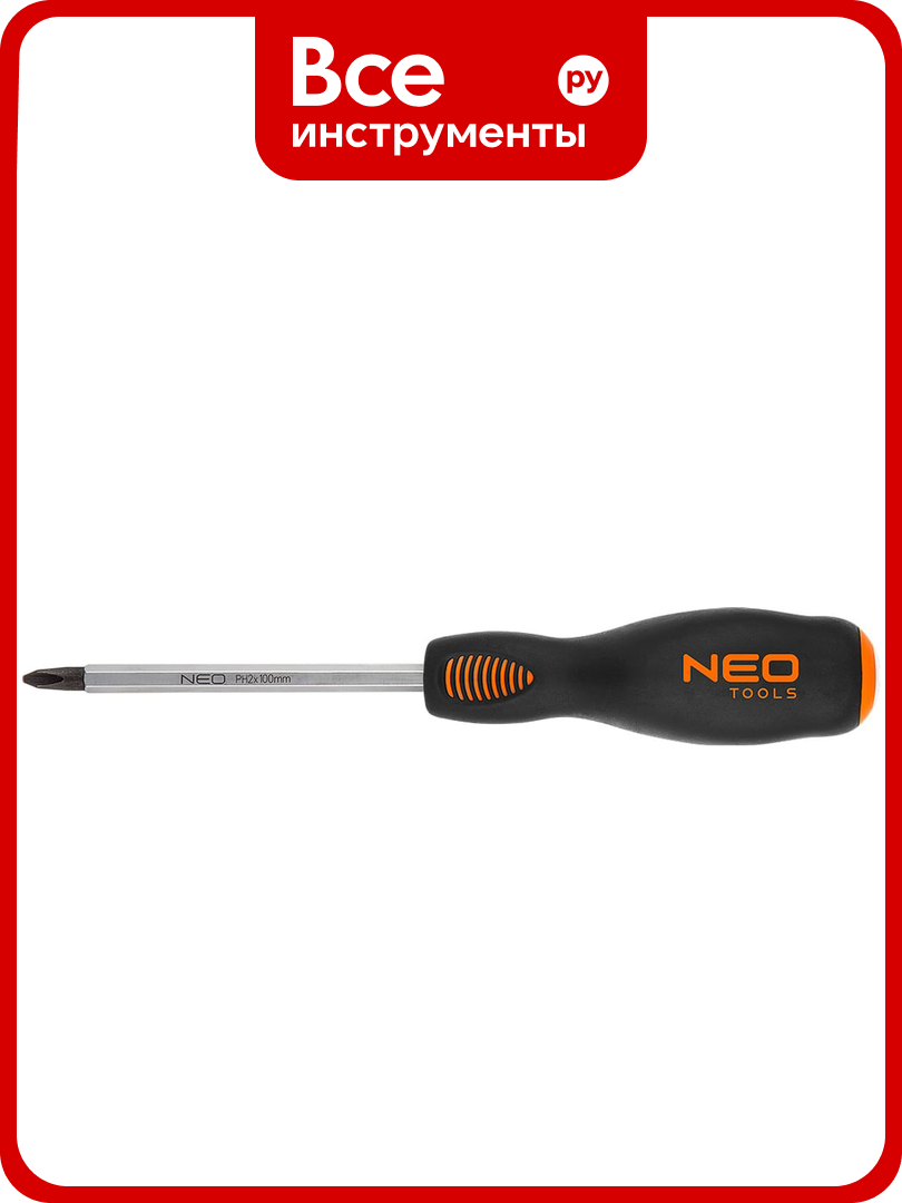 Крестовая ударная отвертка NEO Tools с CrMo стержнем, прямой черно-оранжевой рукоятью, намагниченный наконечник, бытовой