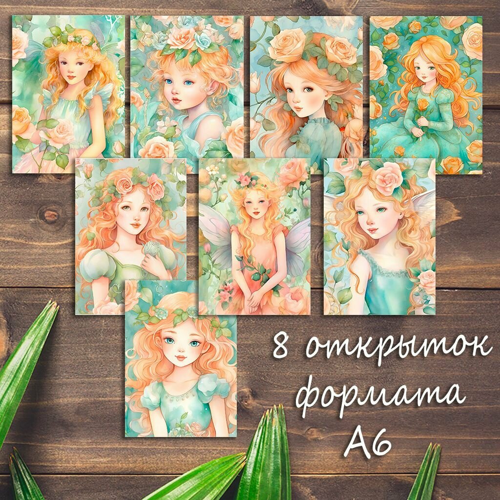 Большой набор открыток Нежная девочка, фея, 8 штук