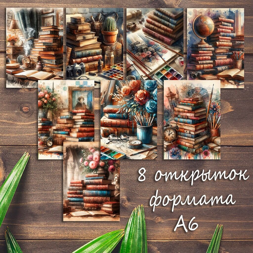 Большой набор открыток Книги, библиотека, 8 штук