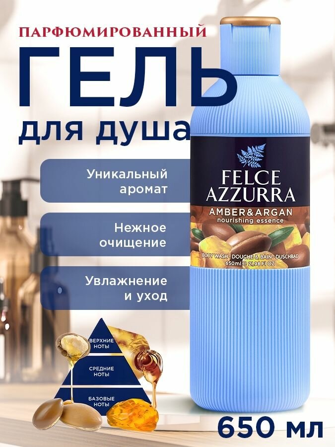 Гель для душа женский парфюмированный Felce Azzurra Амбра и Аргана, 650 мл