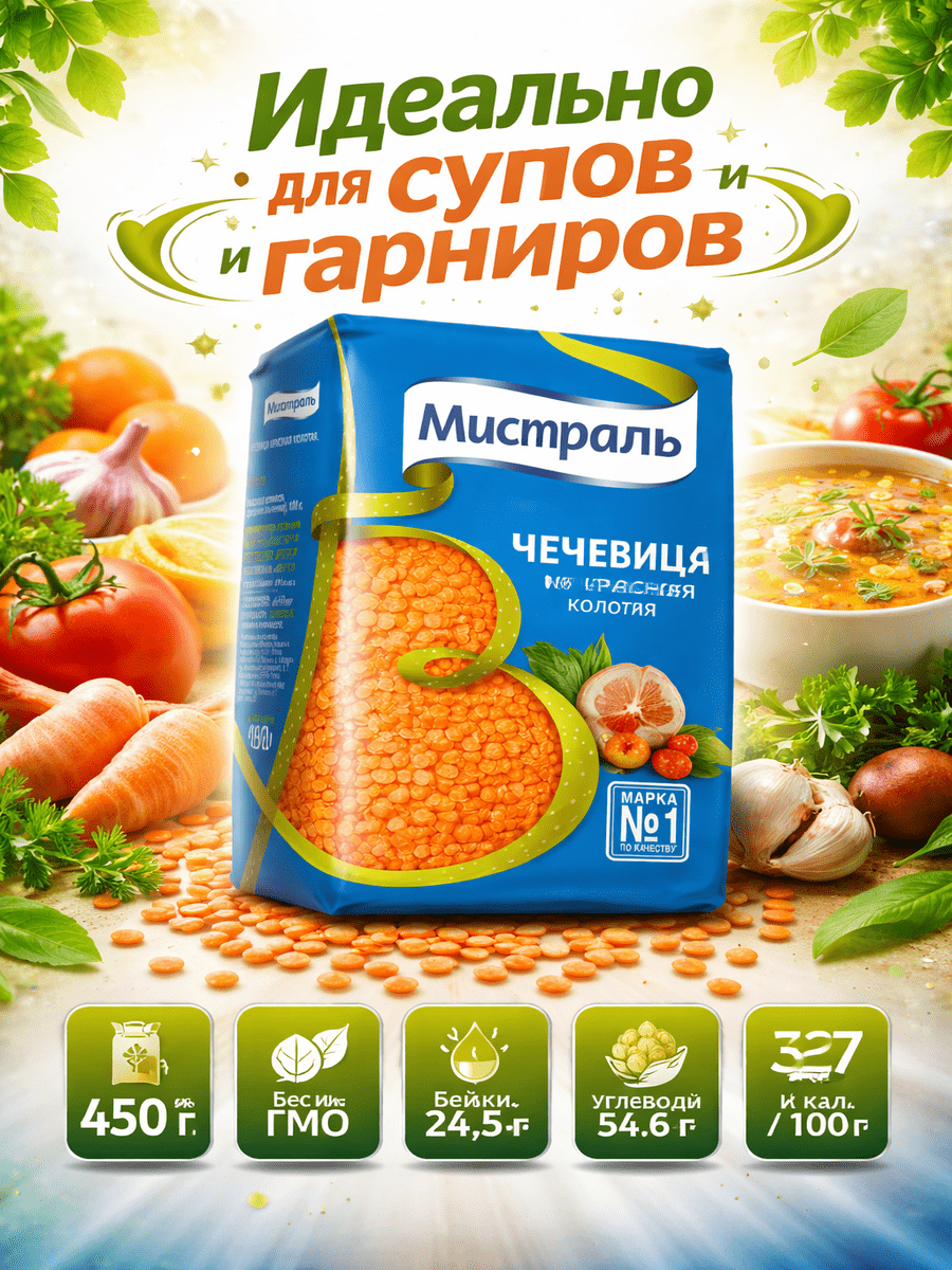 Чечевица Мистраль красная колотая для супов и гарниров, 450г