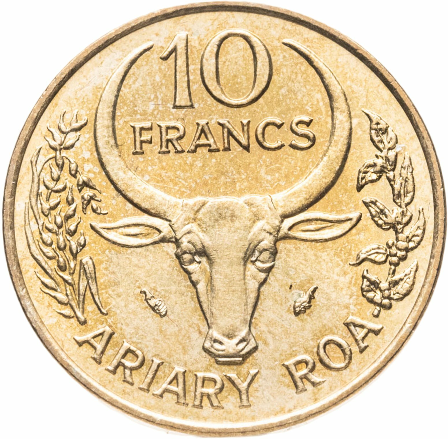 Мадагаскар 10 франков francs 1988, алюминиевая бронза, в сохранности AU-UNC