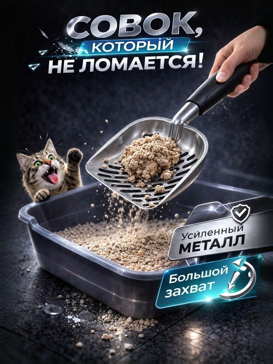 Металлический совок большой для кошачьего лотка/туалета, лопатка для уборки наполнителя с сеткой для отделения наполнителя.