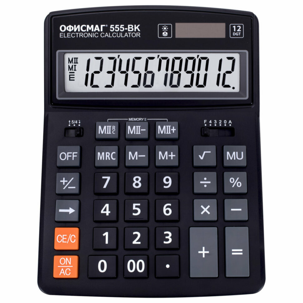 Калькулятор настольный офисмаг 555-BK (206x155 мм), 12 разрядов, двойное питание, черный, 271729, 271729
