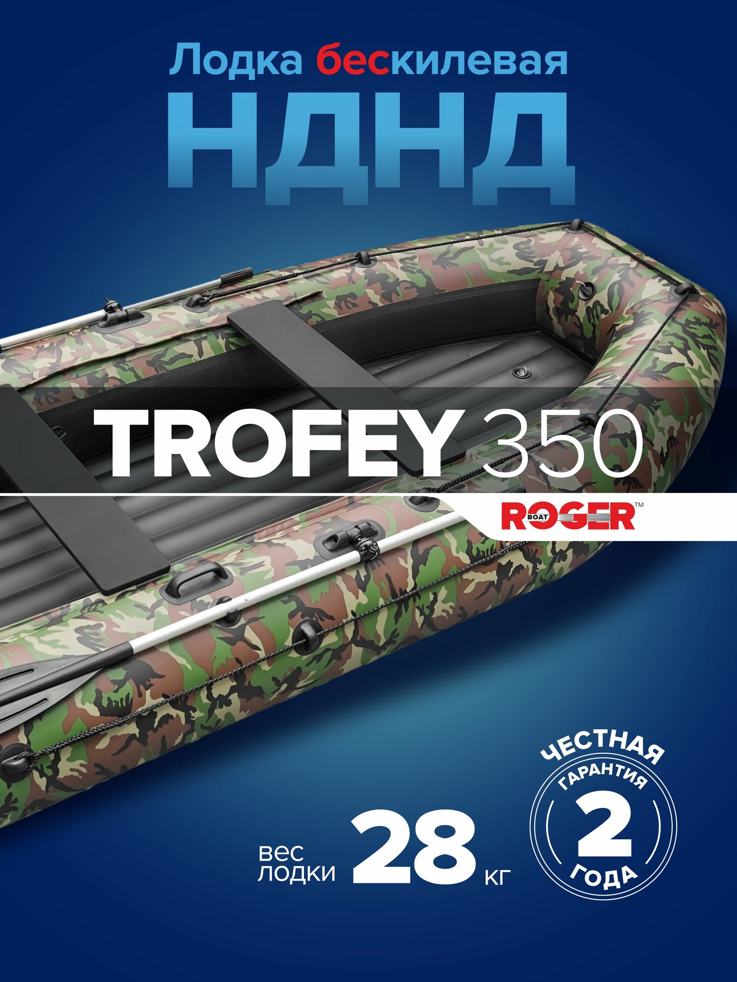Лодка ПВХ под мотор НДНД ROGER Trofey 350, лодка надувная для рыбалки роджер (зеленый камуфляж черный)