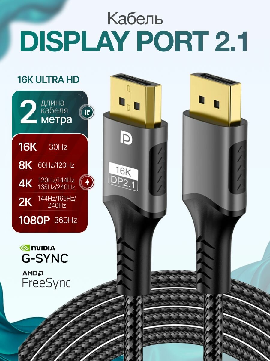 Кабель DisplayPort 2.1 16 К с поддержкой NVIDIA G-SYNC 1440p@540Hz, 4K@240Hz, 8K@60Hz, 16K@30 Hz (2 метра)