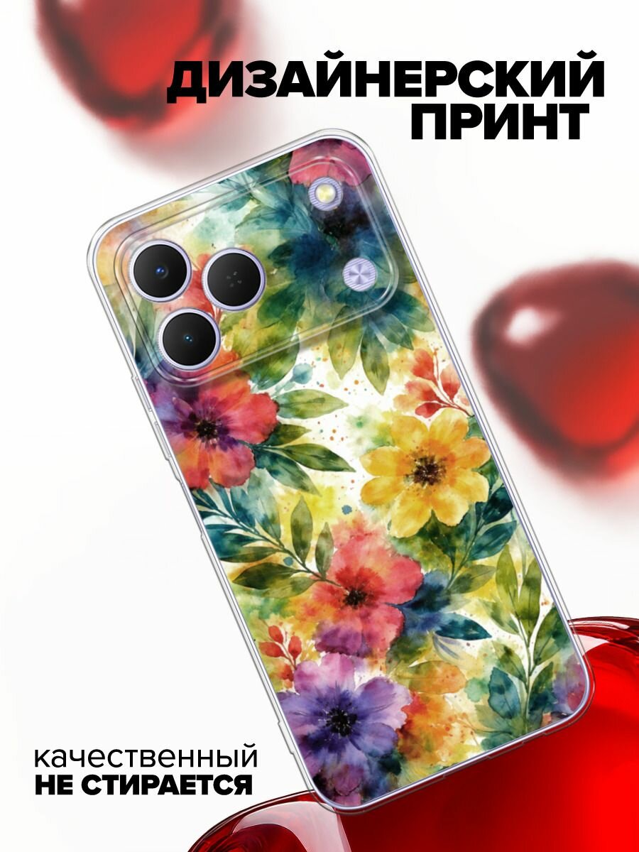 Чехол на Tecno Spark 50 / Текно Спарк 50 с принтом Яркие акварельные цветы — фото 1