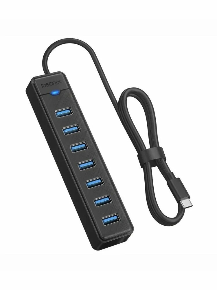 Концентратор USB 3.0 7-в-1, черный, кабель 1 м, быстрая зарядка Type-C 15 Вт, для ноутбуков, планшетов и др