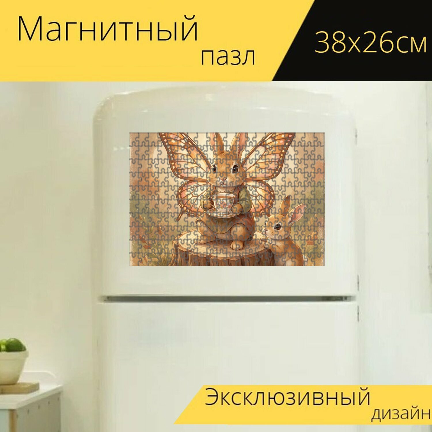 Магнитный пазл "Зайцы с крыльями в лесу. Сказочная иллюстрация с милыми ушастыми героями на пне в осеннем лесу, один держит фарфоровую чашку с блюдцем." для интерьера, 38х26 см.