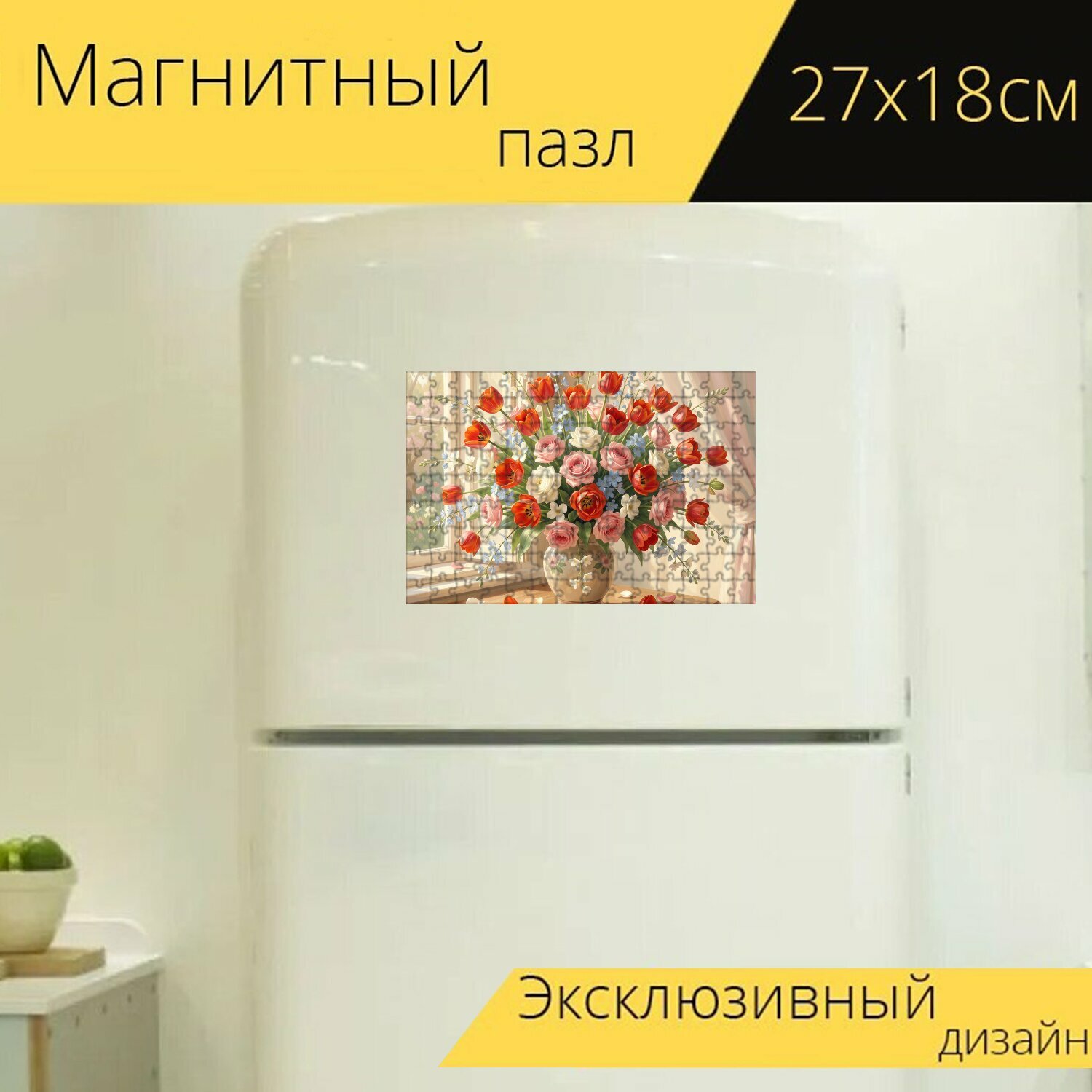 Магнитный пазл "Букет тюльпанов и роз у окна. Нежная цветочная композиция в солнечной комнате: яркие алые тюльпаны, пастельные розы и голубые соцветия в." на холодильник 27 x 18 см.