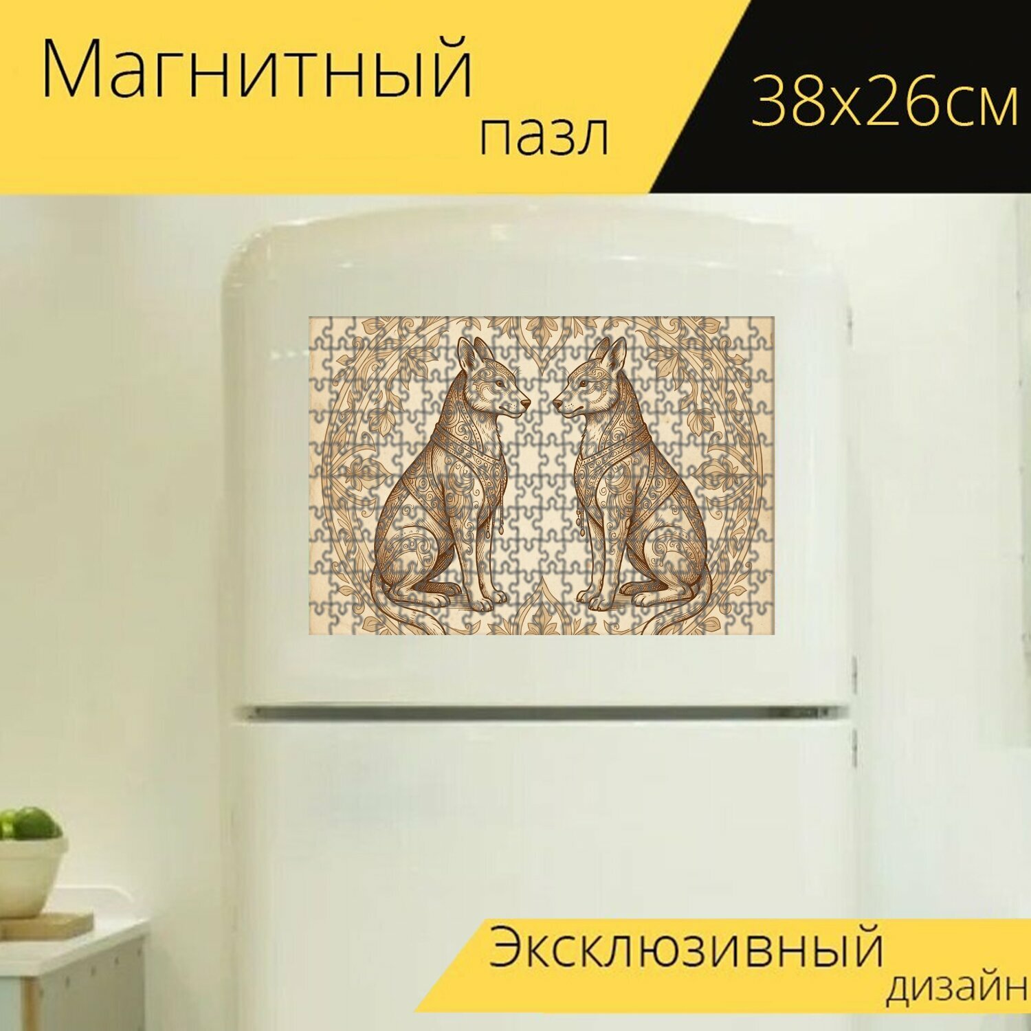 Магнитный пазл "Парные лисы в орнаменте. Симметричные животные с тонкой графикой и этническими узорами, круглый флоральный обод, сепия, бежево-коричневые." для интерьера, 38х26 см.