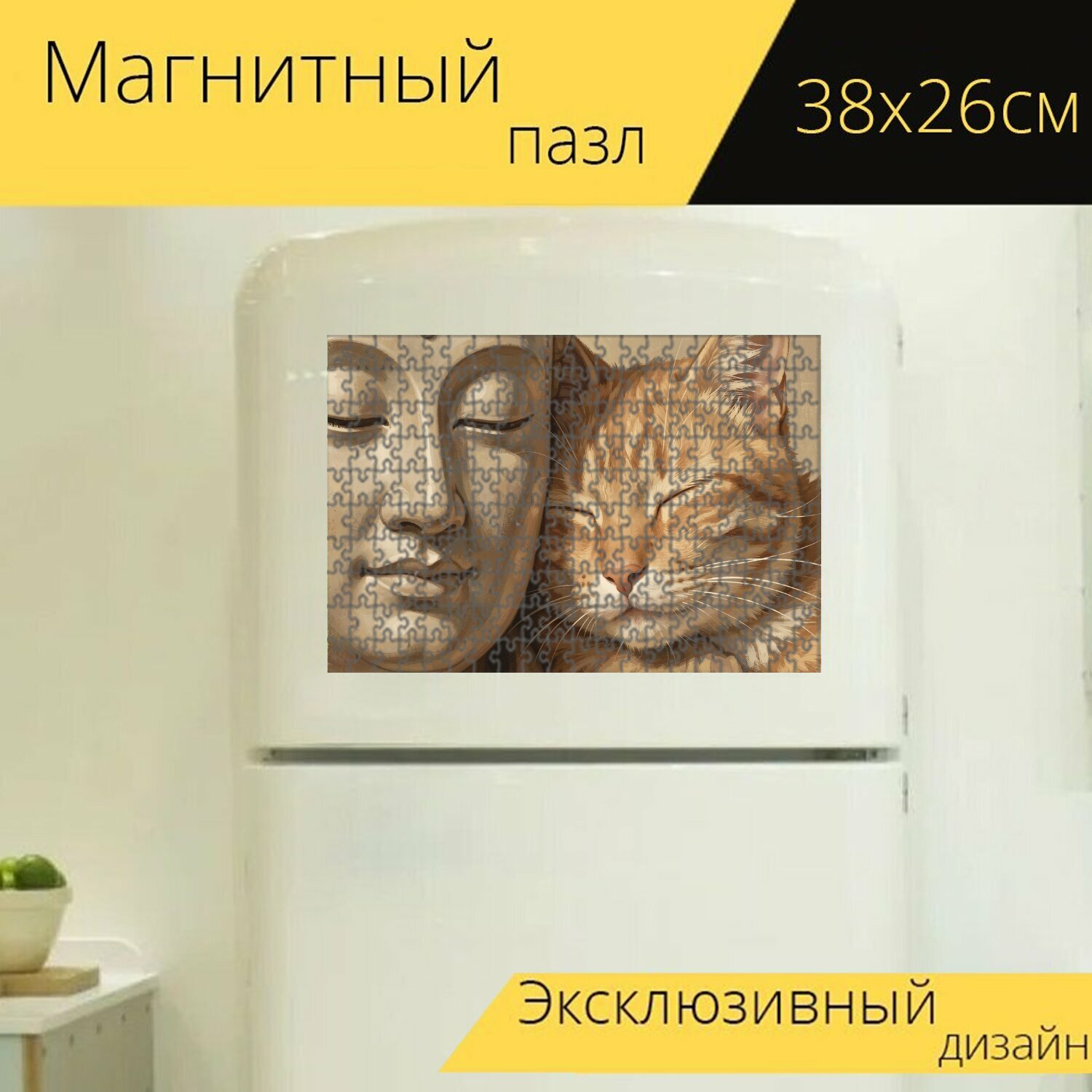 Магнитный пазл "Будда и спящий кот. Спокойная восточная композиция с каменным ликом и дремлющим рыжим питомцем рядом. Нежные бежево-золотистые оттенки." для интерьера, 38х26 см.
