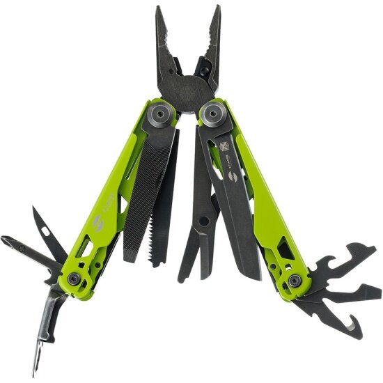 Мультитул Stinger , 107 х 19 мм, 19 функций, сталь, салатовый корпус, стоунвош, нейлоновый чехол