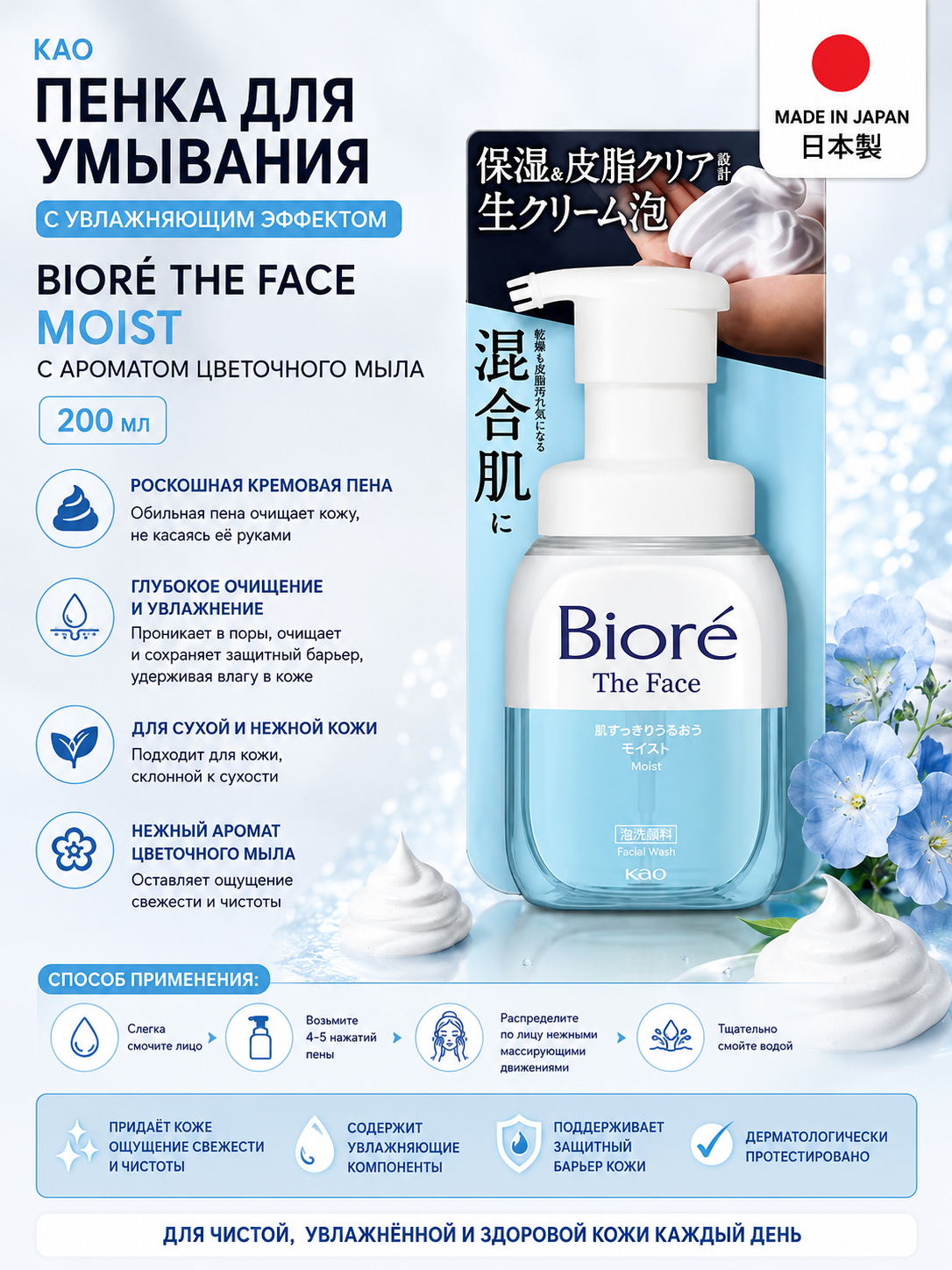 Пенка для умывания лица Biore увлажняющая аромат цветочного мыла 200 мл
