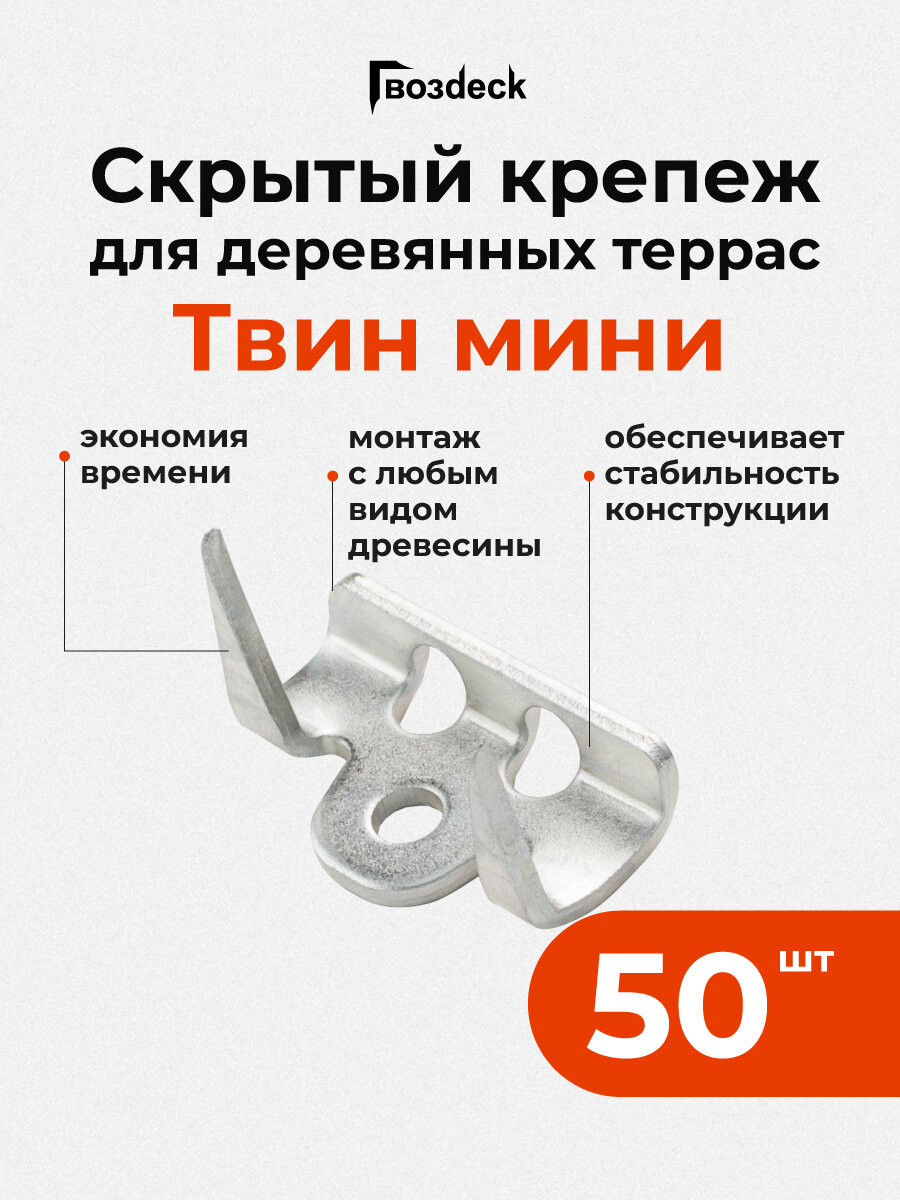 Скрытый крепеж для террасной доски Гвозdeck Твин мини, гальванический цинк, 50 шт