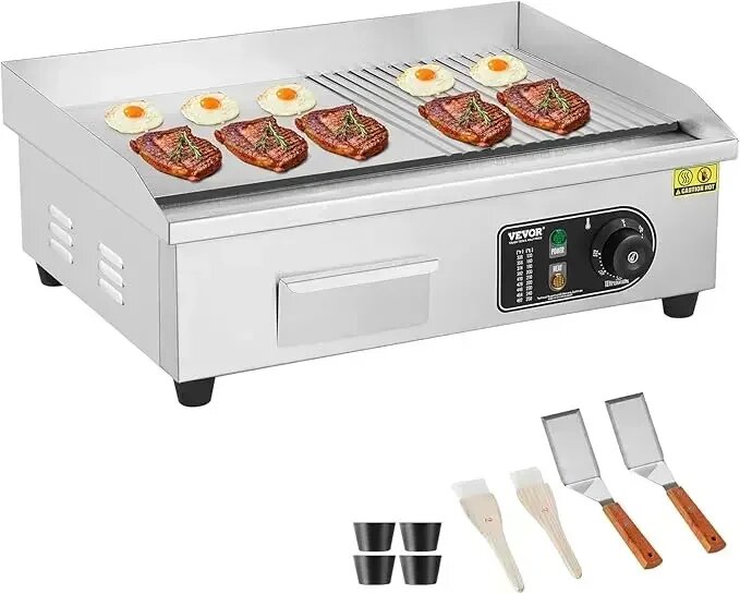 Стainless Steel Electric Griddle, VEVOR 1600W Half-Flat Top Grill, 22 Countertop Cooking Surface with 2 Shovels