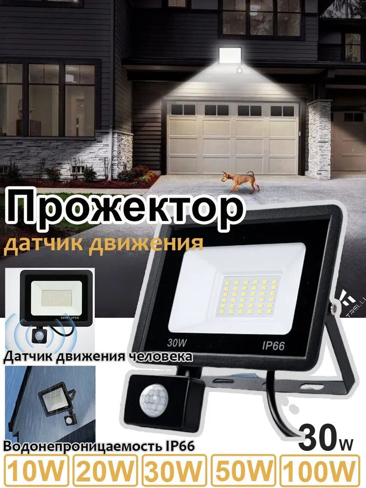 TRELLI Уличный светильник-прожектор со датчиком движения, 30Вт, 36 диодов, IP66, черный