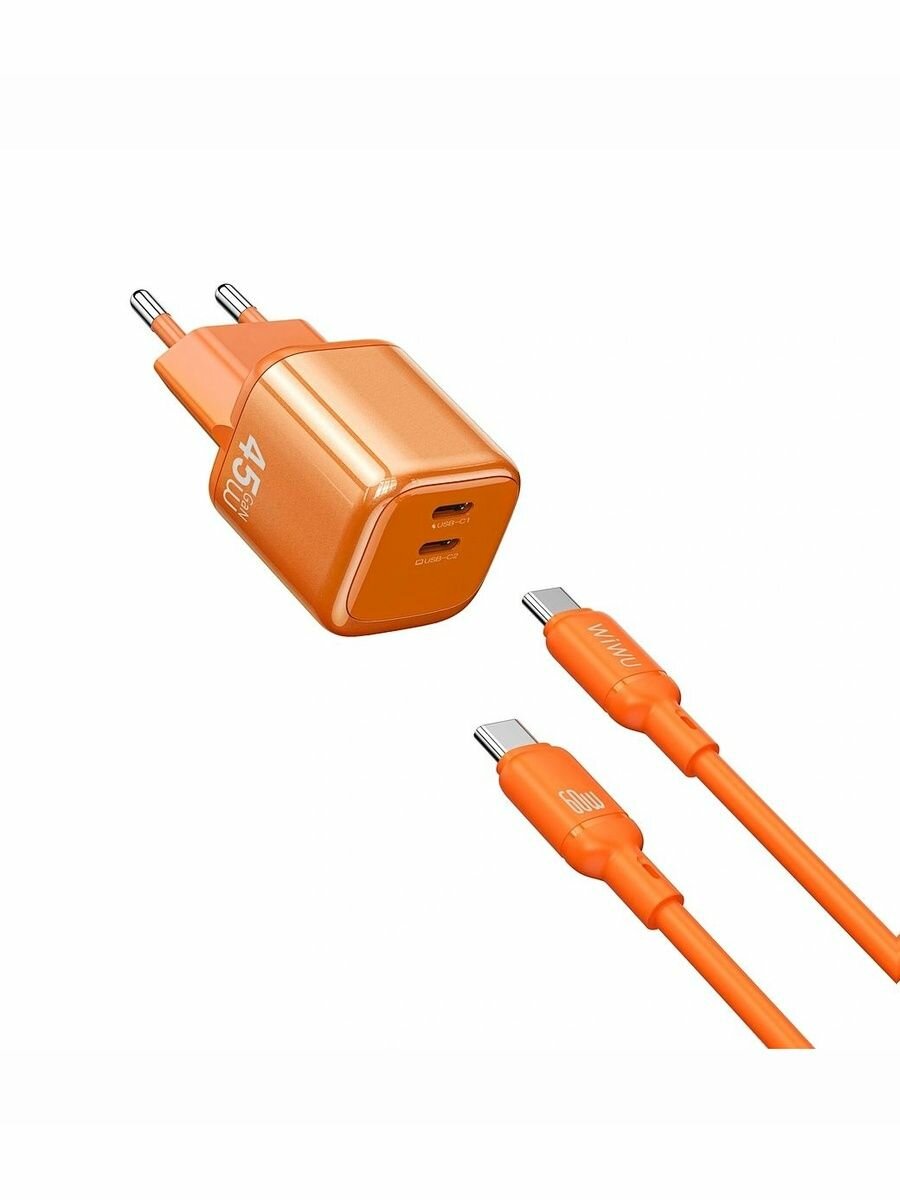 Сетевое зарядное устройство Wiwu 45W Cube GaN Fast Charger 2xUSB-C EU, с кабелем USB-C-USB-C, быстрая зарядка, оранжевое