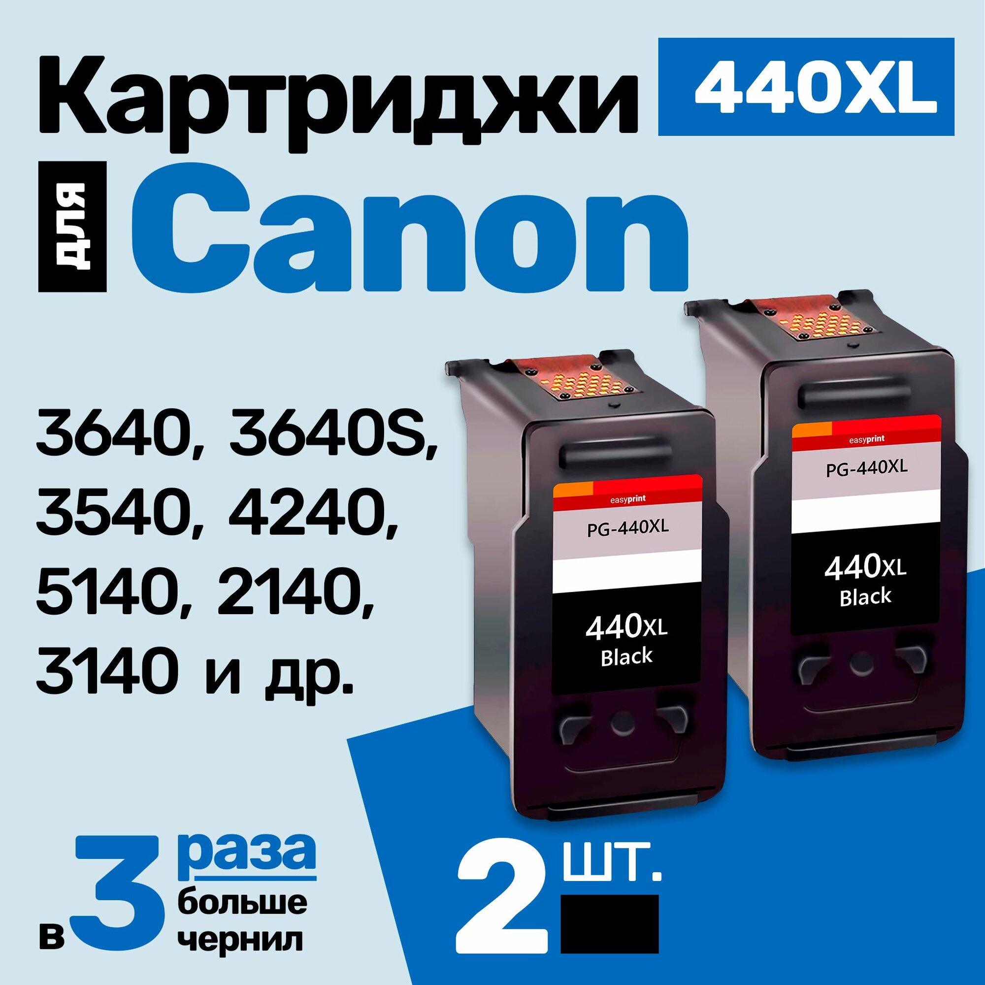 Картриджи к Canon PIXMA MG3640, MG3640S, MG3540, MG4240, TS5140, MG2140, MG3140, MG3240, MG2240, MG4140, MG2245, MX454 (PG-440XL) и др, Кэнон, заправляемые, для принтера, Черный (Black), увеличенный объем, 2 шт.